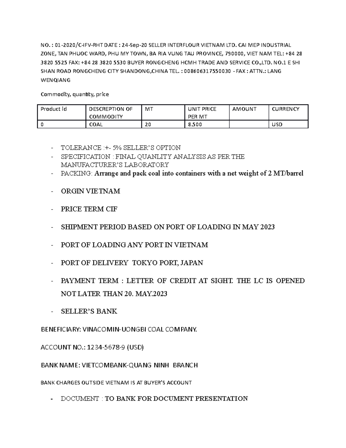 Hợp đồng - NO. : 01-2020/C-IFV-RHT DATE : 24-Sep-20 SELLER INTERFLOUR ...