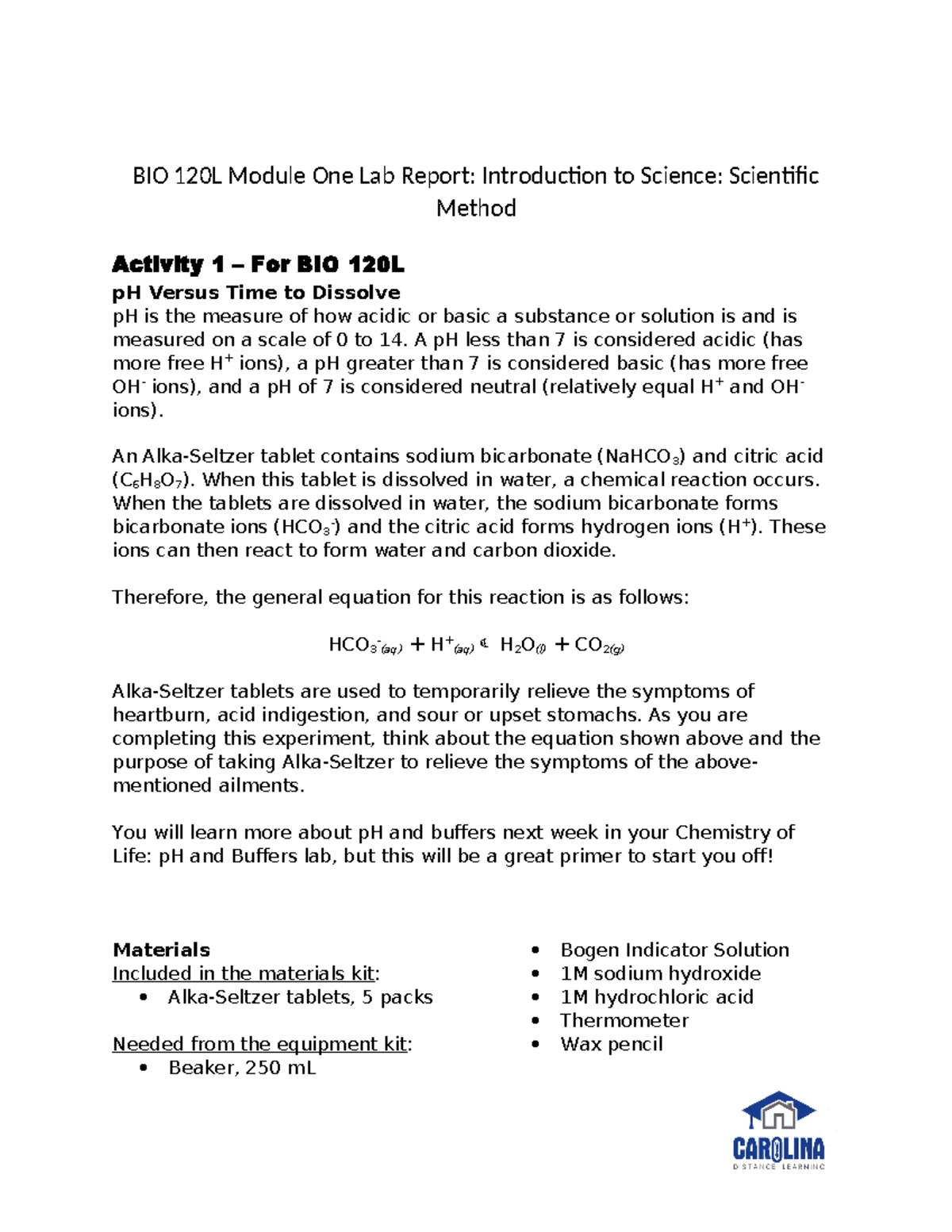 BIO 120L Module One Introduction to Science Scientific Method Lab Report - BIO 120L Module One ...