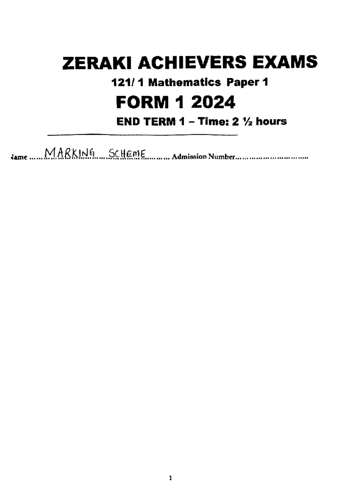 Mathematics - Marking scheme - ZERAKI ACHIEVERS EXAMS Mathematics Paper ...