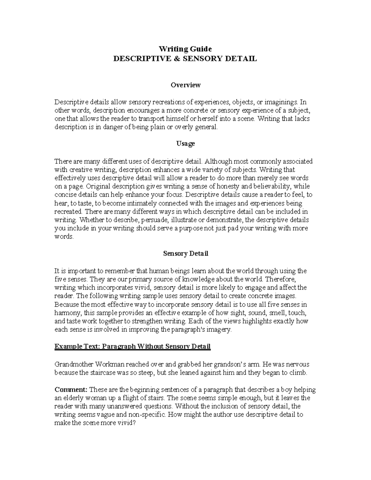 Sensorydetails - ABOUT IMAGERY - Writing Guide DESCRIPTIVE & SENSORY ...