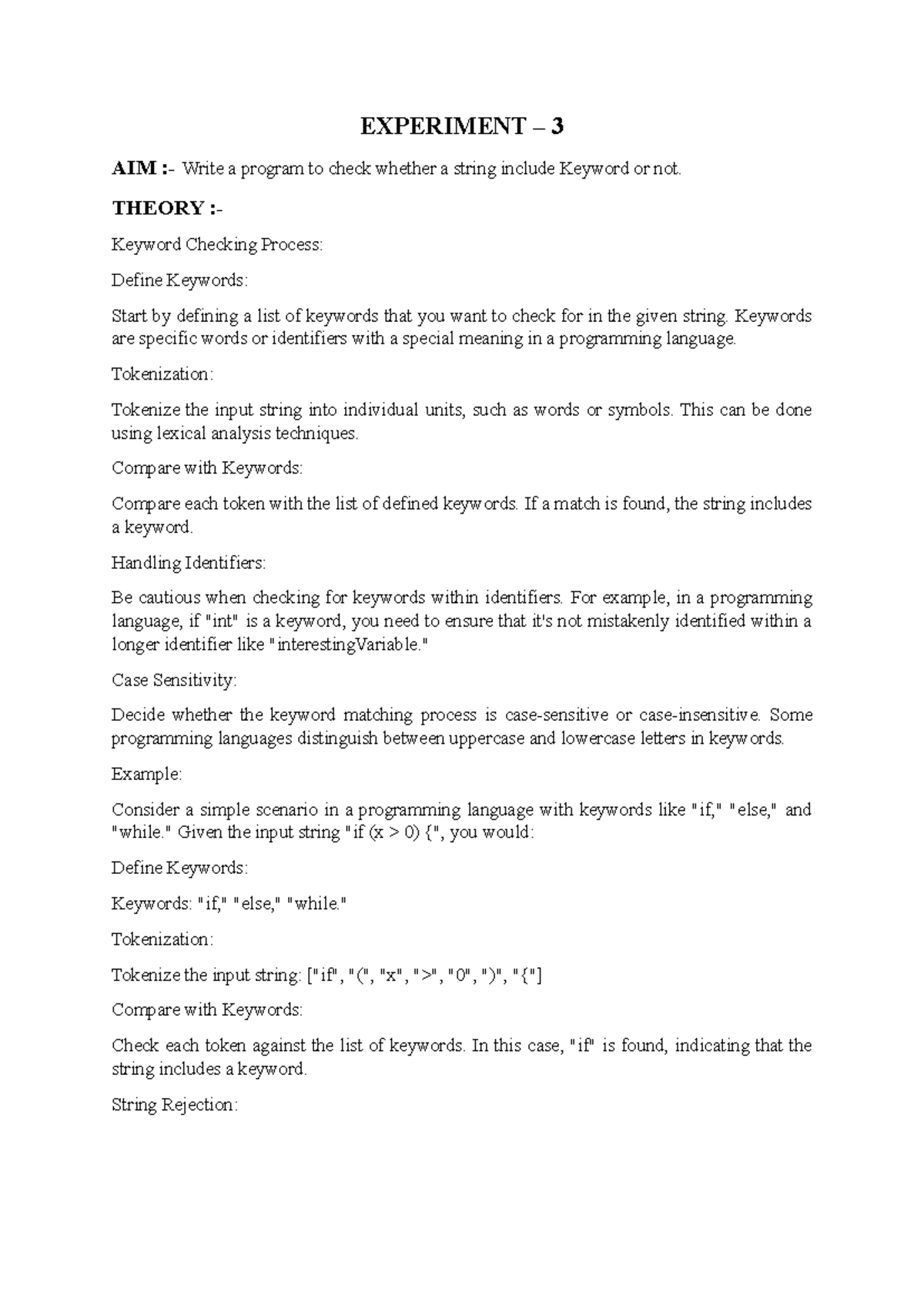 Cd exp 2 to 10 - lab file - EXPERIMENT – 3 AIM :- Write a program to check whether a string ...