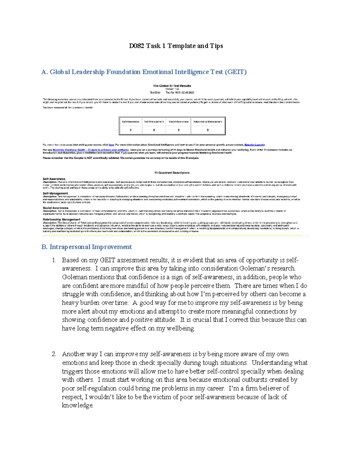 D082 Task 1 - PASS - D082 Task 1 Template and Tips A. Global Leadership ...