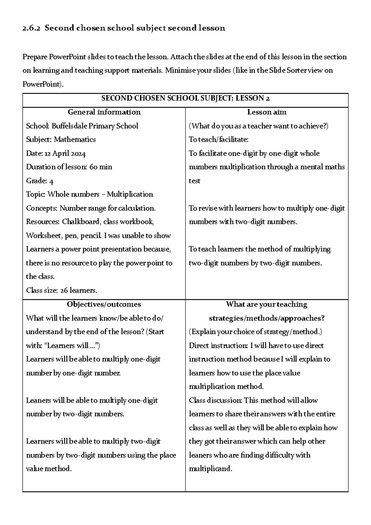 Lesson plan Maths 2 065949 - 2.6 Second chosen school subject second ...