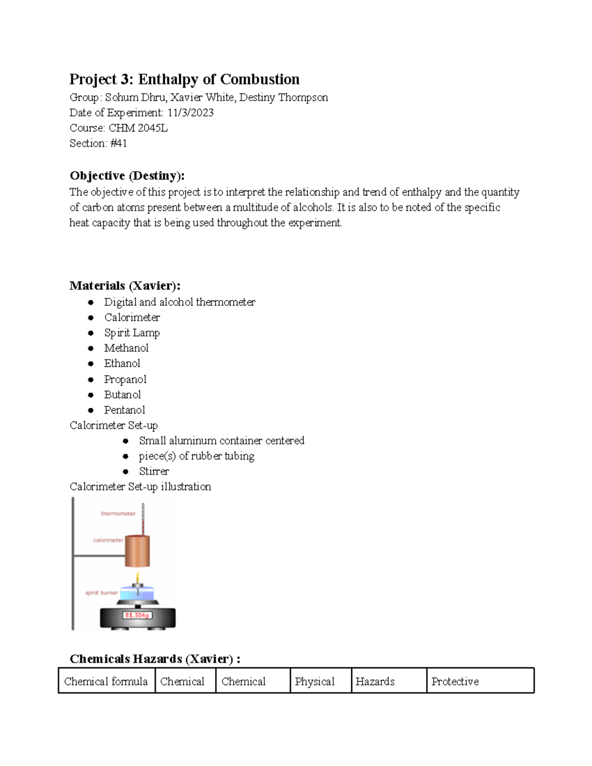 Module 6 Pre Lab Submission - Project 3: Enthalpy of Combustion Group ...