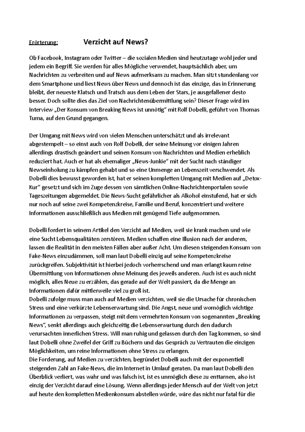 Erörterung News - Erörterung: Verzicht auf News? Ob Facebook, Instagram ...