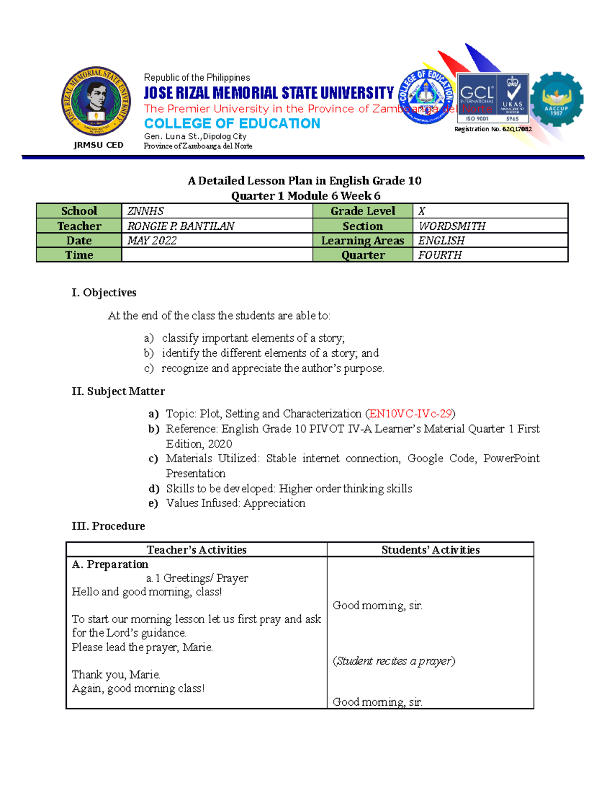 1st QW3 - Sample Lesson Plan - Republic of the Philippines JOSE RIZAL ...