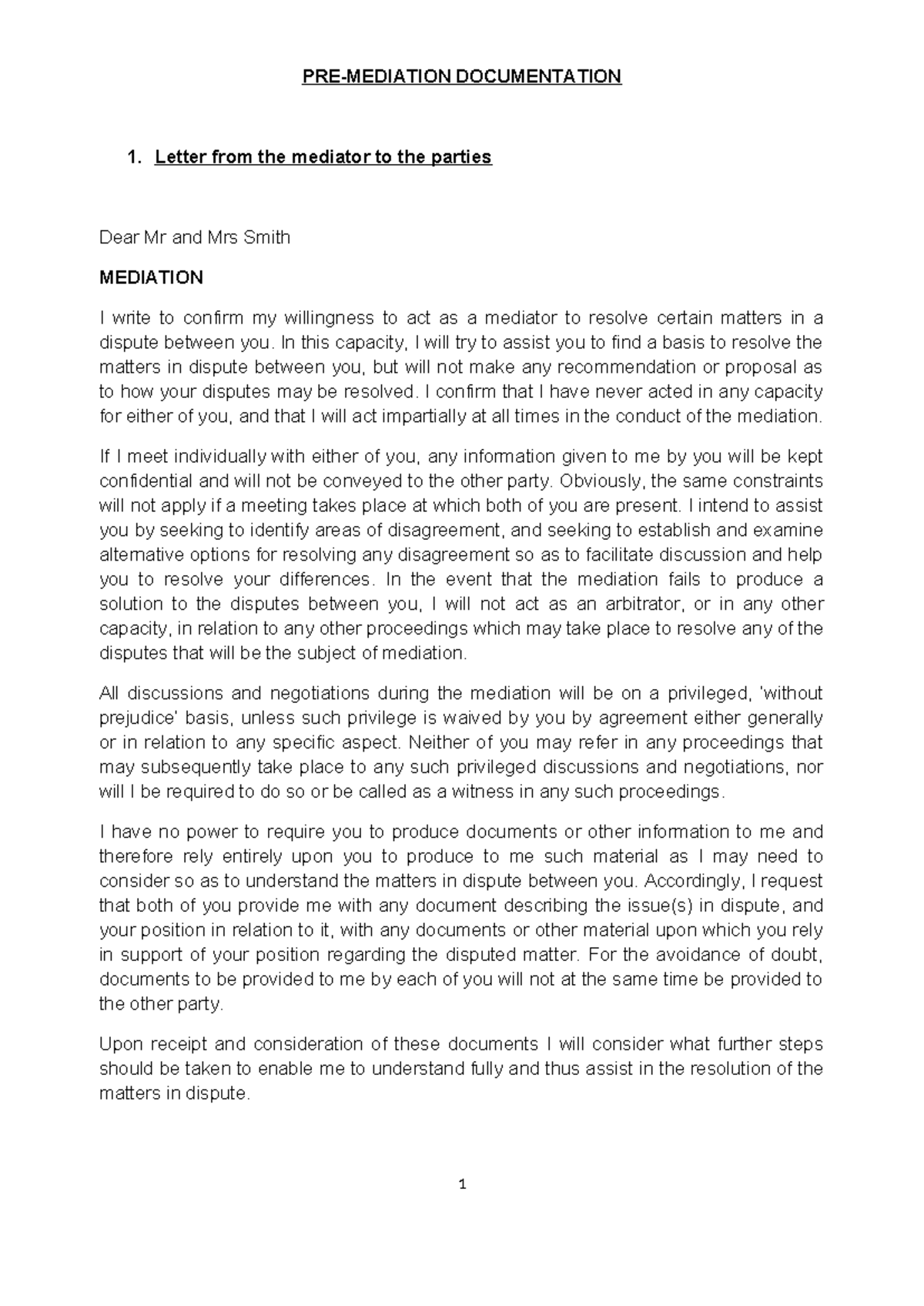 Pre-mediation documentation - PRE-MEDIATION DOCUMENTATION 1. Letter ...
