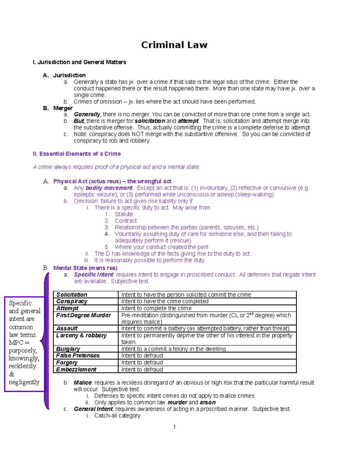 Criminal Law - Outline - Criminal Law I. Jurisdiction and General Matters A. Jurisdiction a ...