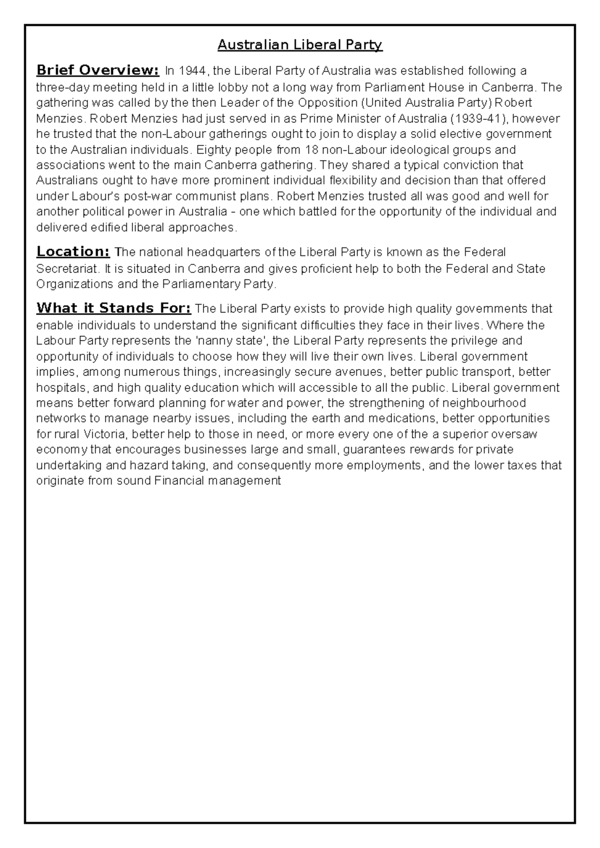 Civics & Citizenship Assignment - Australian Liberal Party Brief ...