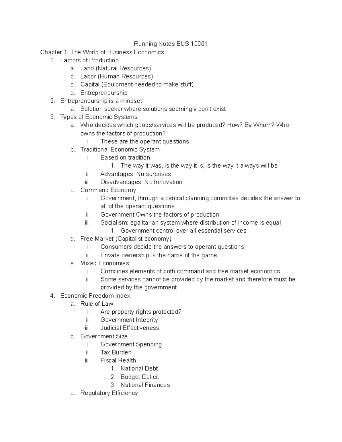 BUS 10001 - Intro to Business Administration Running Notes - Running ...