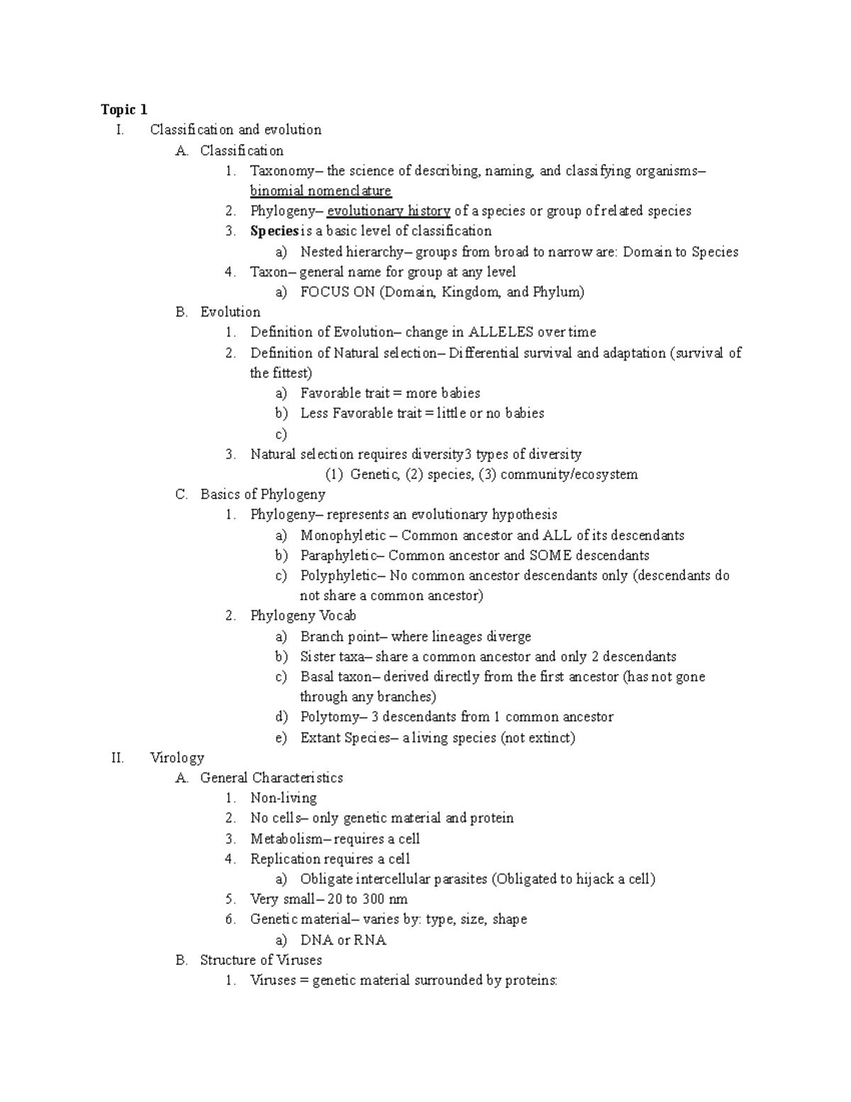 Notes for Exam 1 - Topic 1 I. Classification and evolution A ...