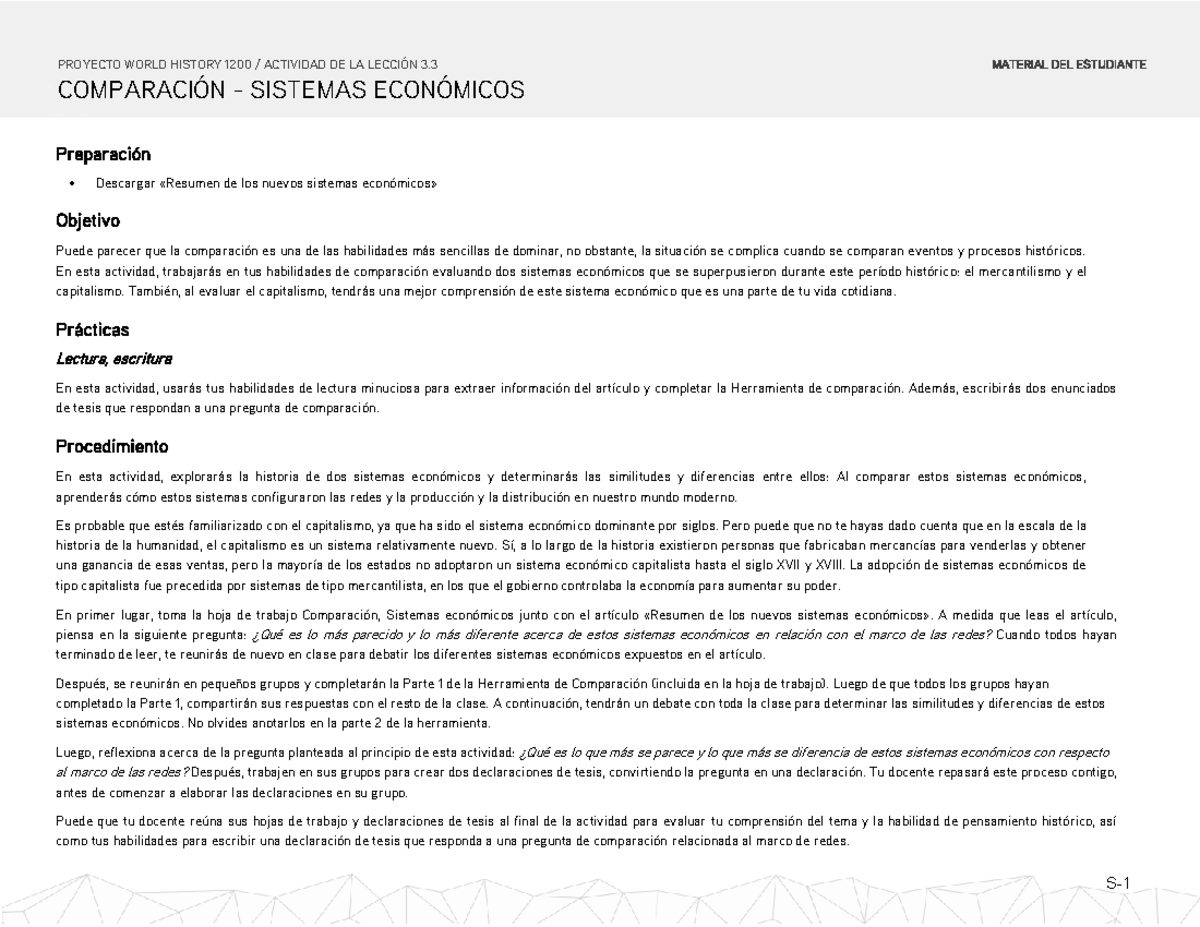 WHP1200 332 Activity Comparison Economic Systems Student Spanish ...