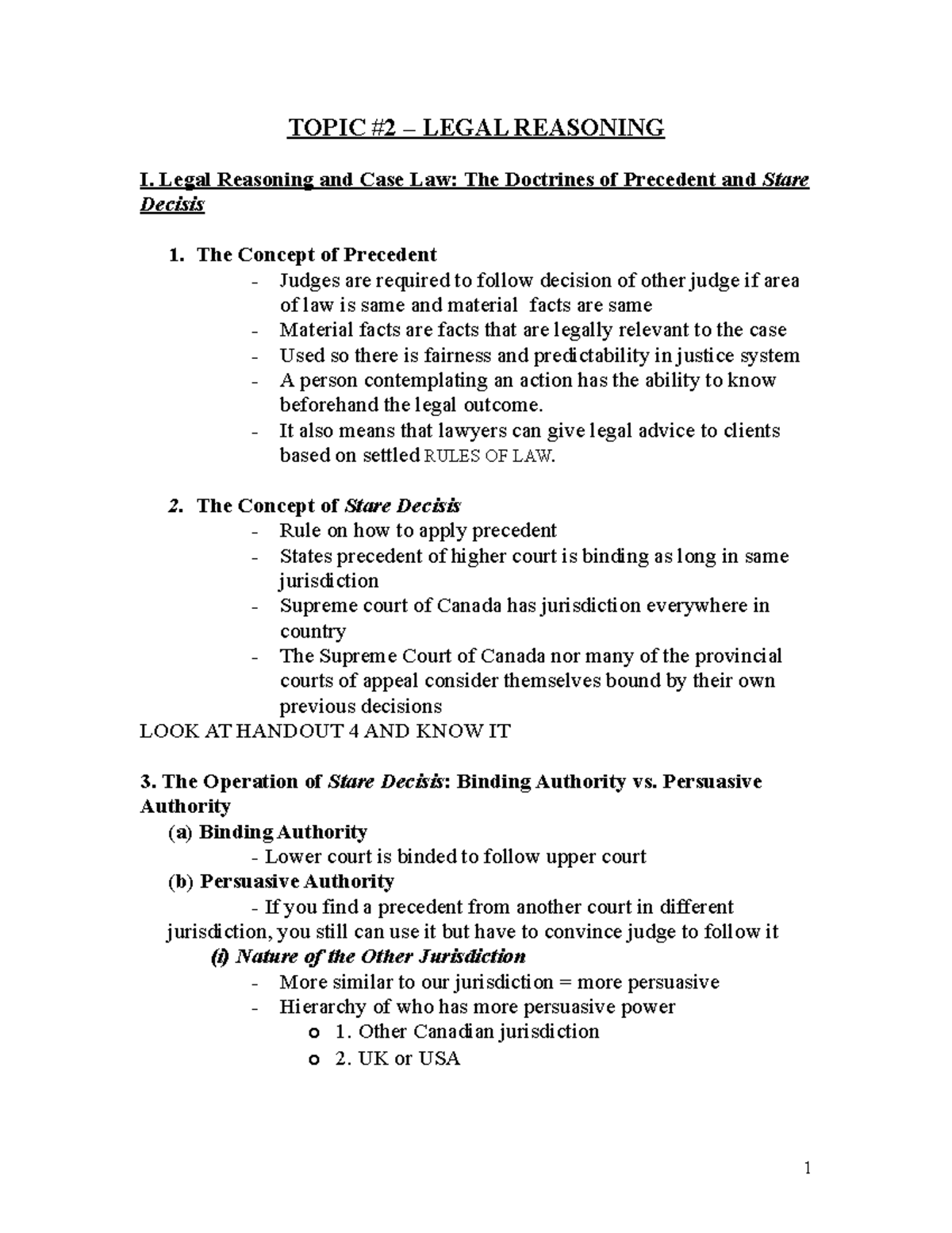 Topic #2 - Legal Reasoning - TOPIC #2 – LEGAL REASONING I. Legal ...
