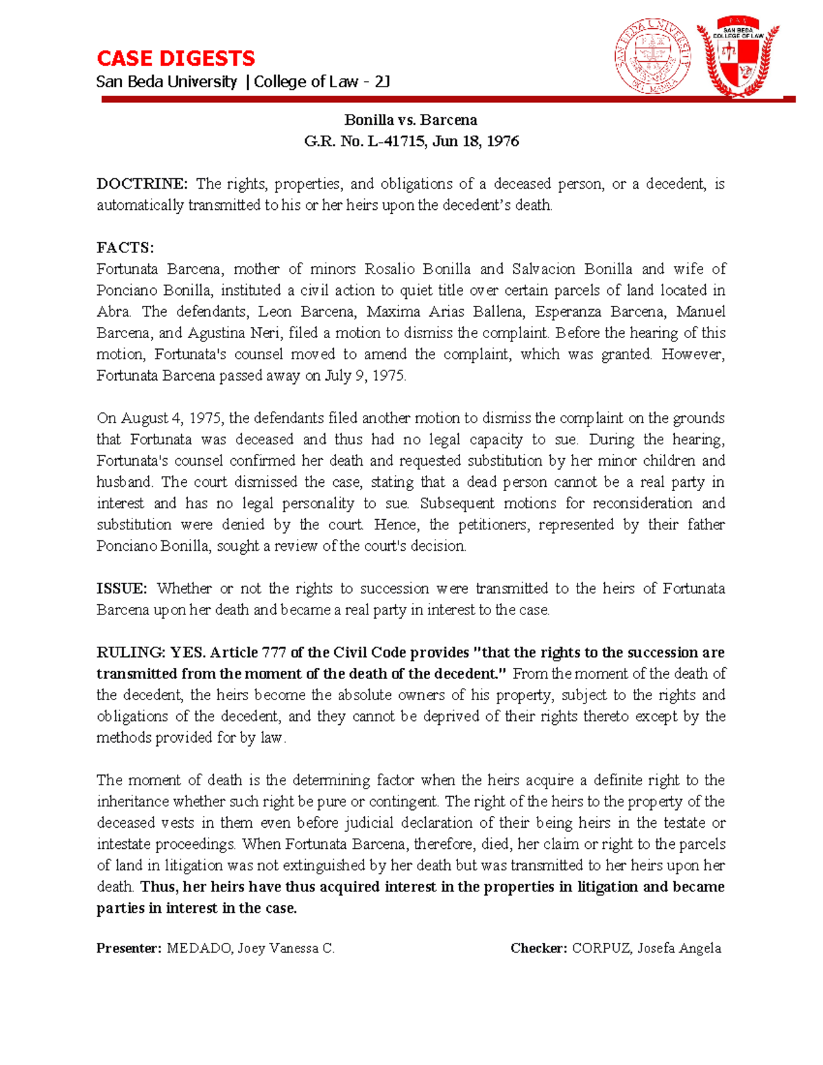 Medado - case digest - CASE DIGESTS San Beda University | College of ...