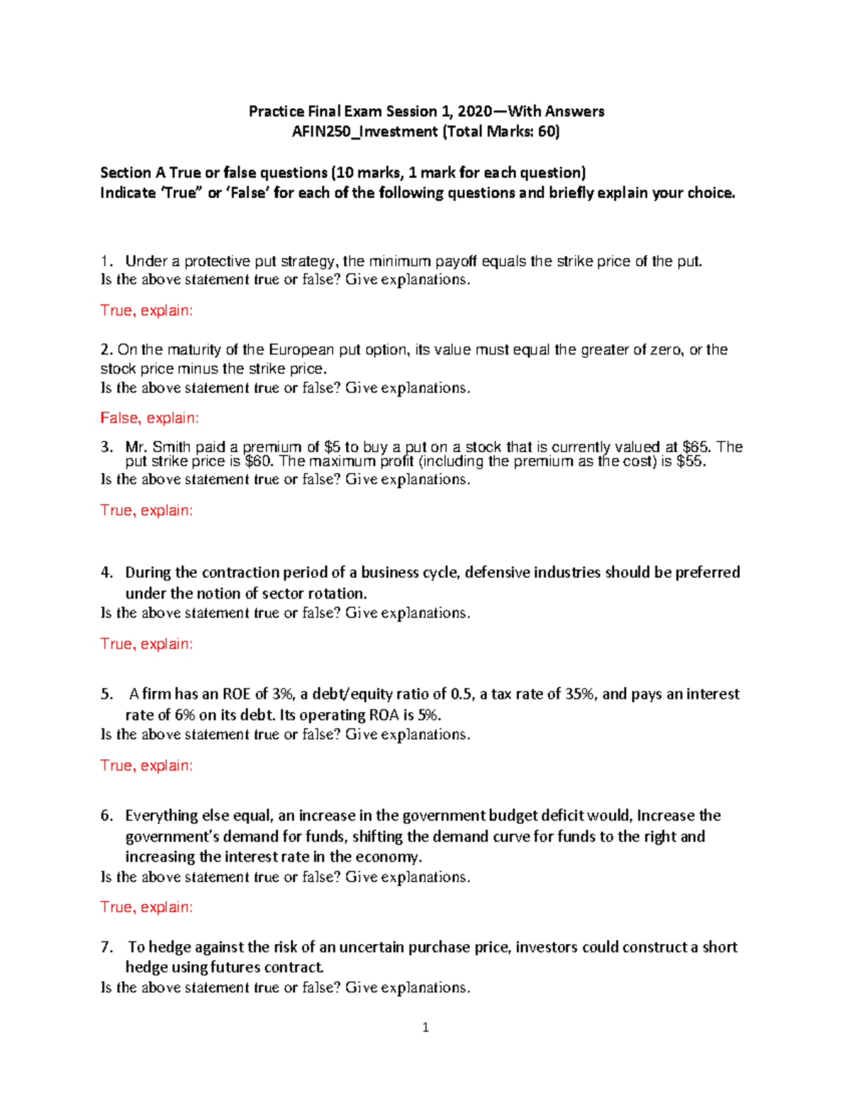 Sample/practice exam 2020, questions and answers - Practice Final Exam ...