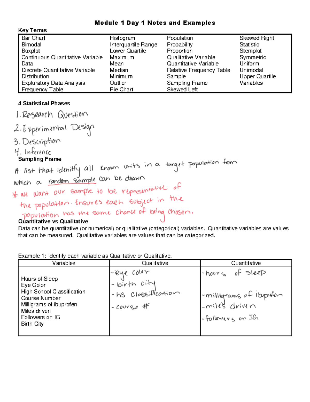 M1D1 Stats Notes - Module 1 Day 1 Notes and Examples Key Terms Bar ...