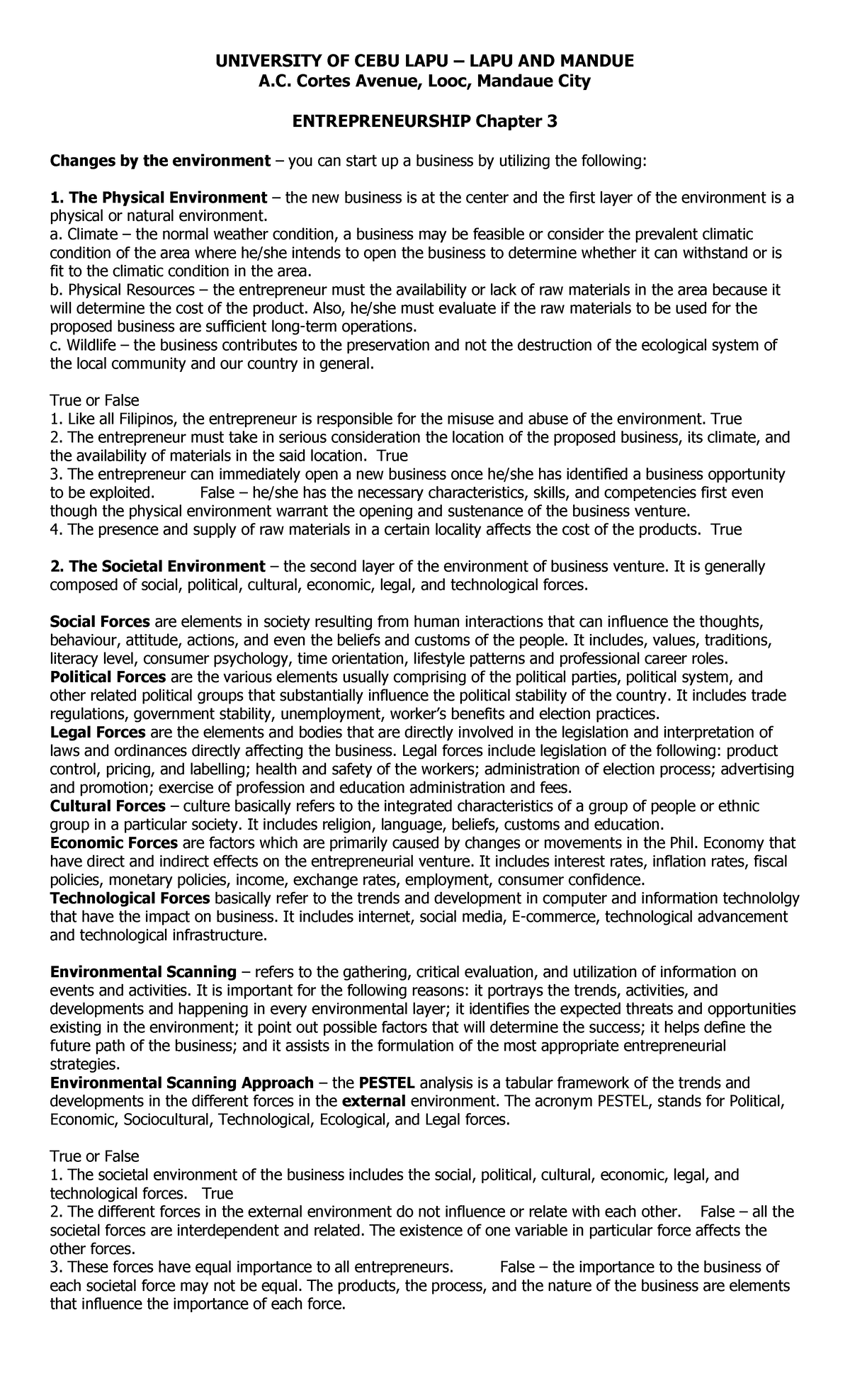 Entrepreneurship-Chapter-3 - UNIVERSITY OF CEBU LAPU – LAPU AND MANDUE ...