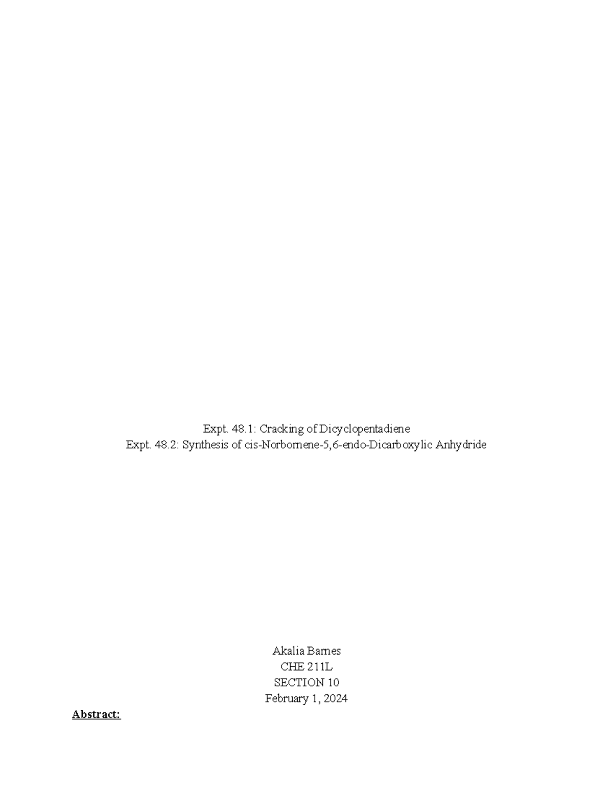 Expt 1 - Expt. 48: Cracking of Dicyclopentadiene Expt. 48: Synthesis of ...