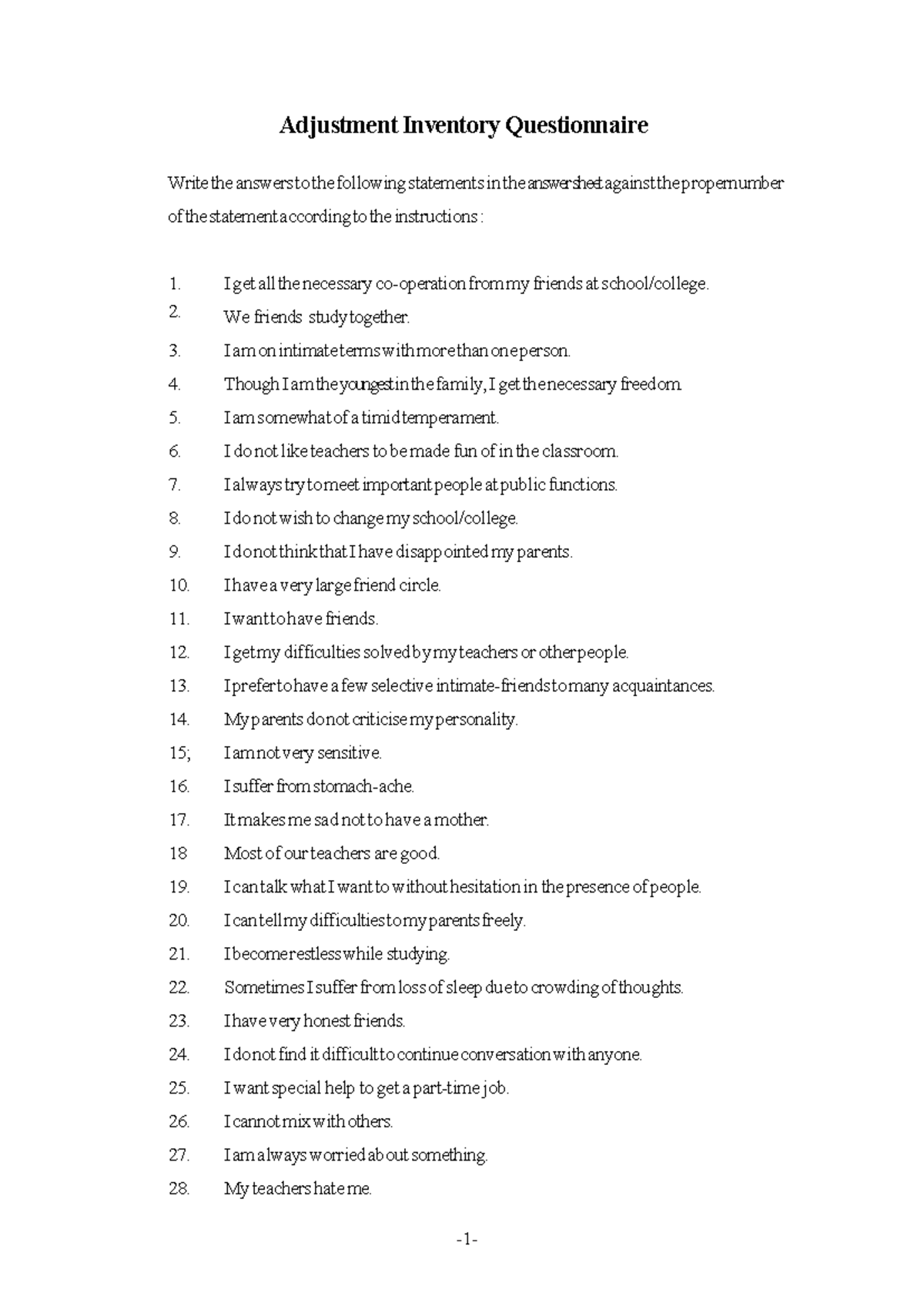 Adjustment Sclae - scale - Adjustment Inventory Questionnaire Write the ...