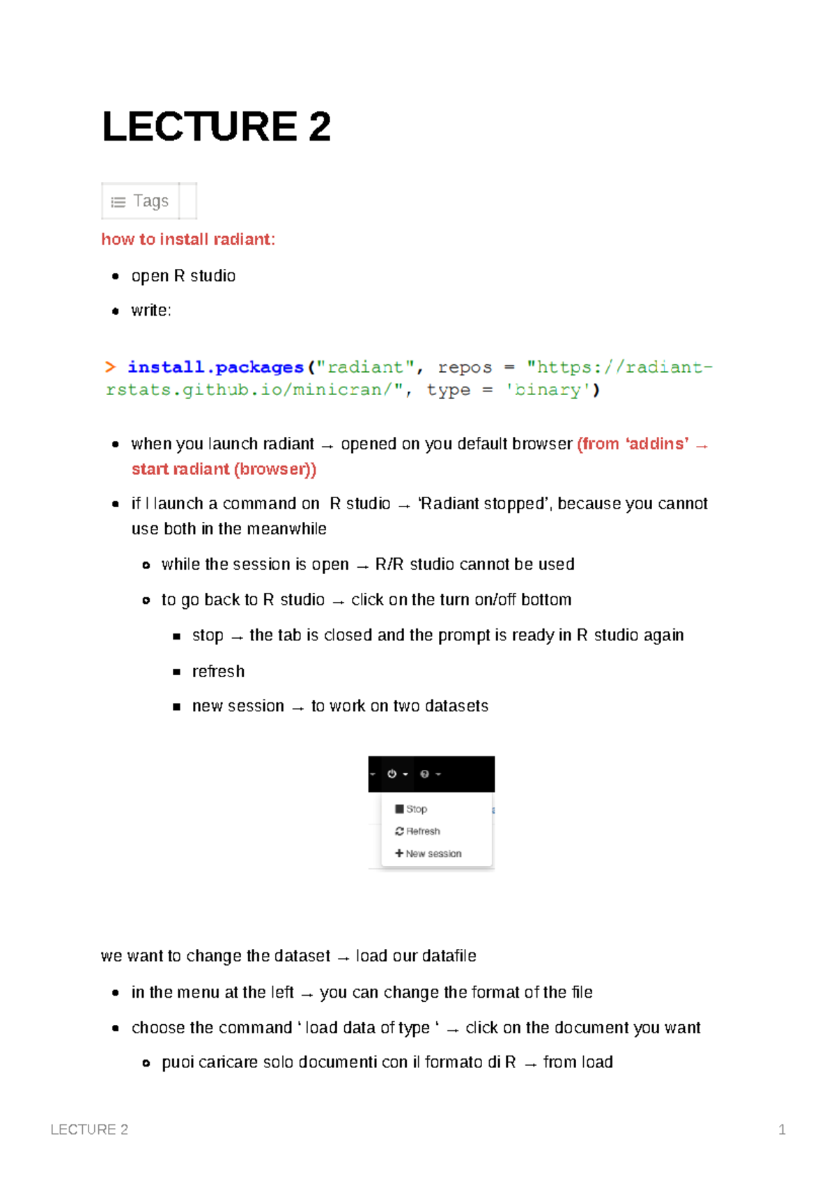 Lecture 2 - notes - LECTURE 2 Tags how to install radiant: open R ...