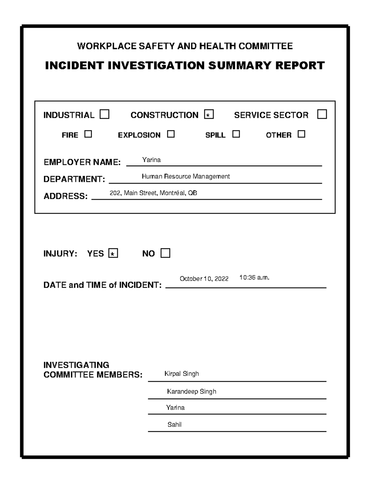 Assignment 2 - WORKPLACE SAFETY AND HEALTH COMMITTEE INCIDENT ...