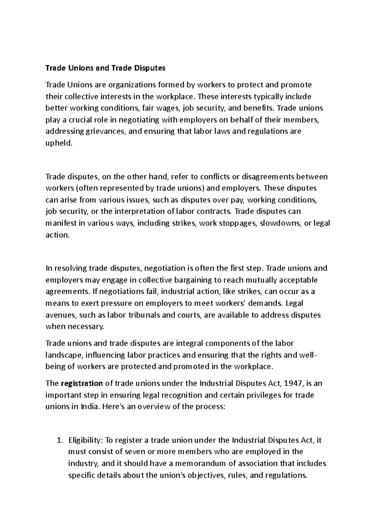 Unit 3 Labour Law - Trade Unions and Trade Disputes Trade Unions are ...