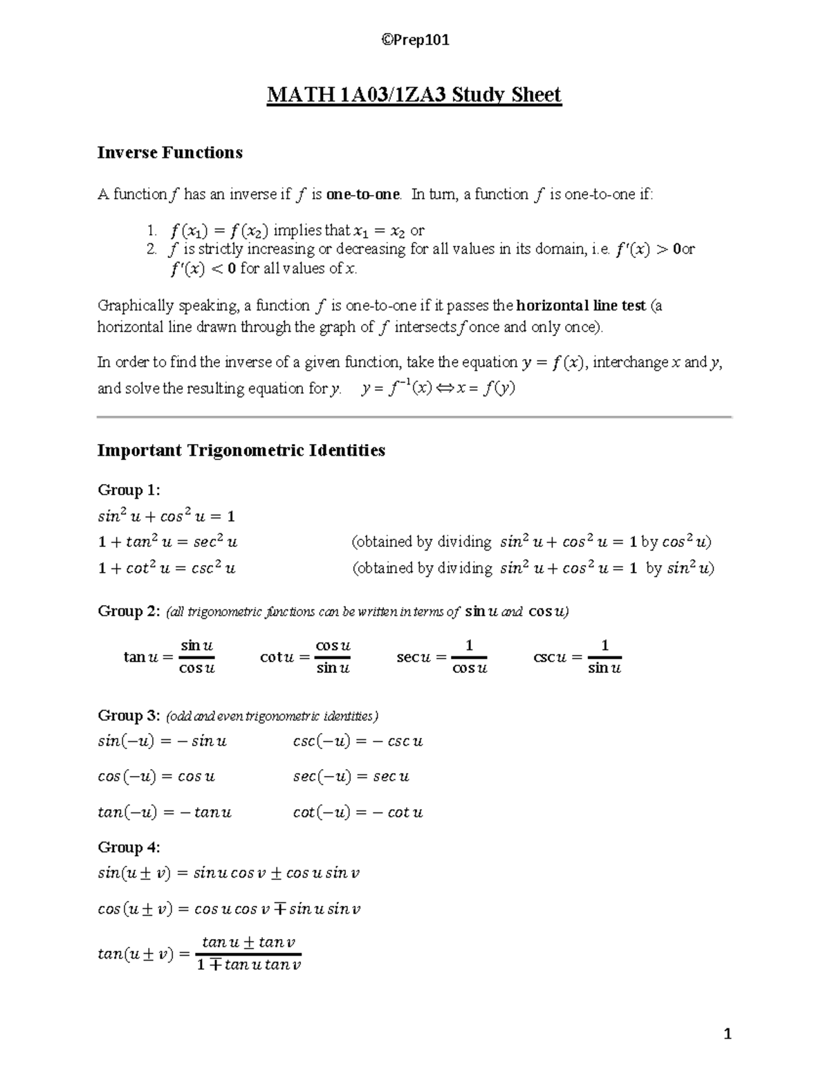 MATH 1A03-1ZA3 Study Sheet - MATH 1A03/1ZA3 Study Sheet Inverse Functions A function f has an ...