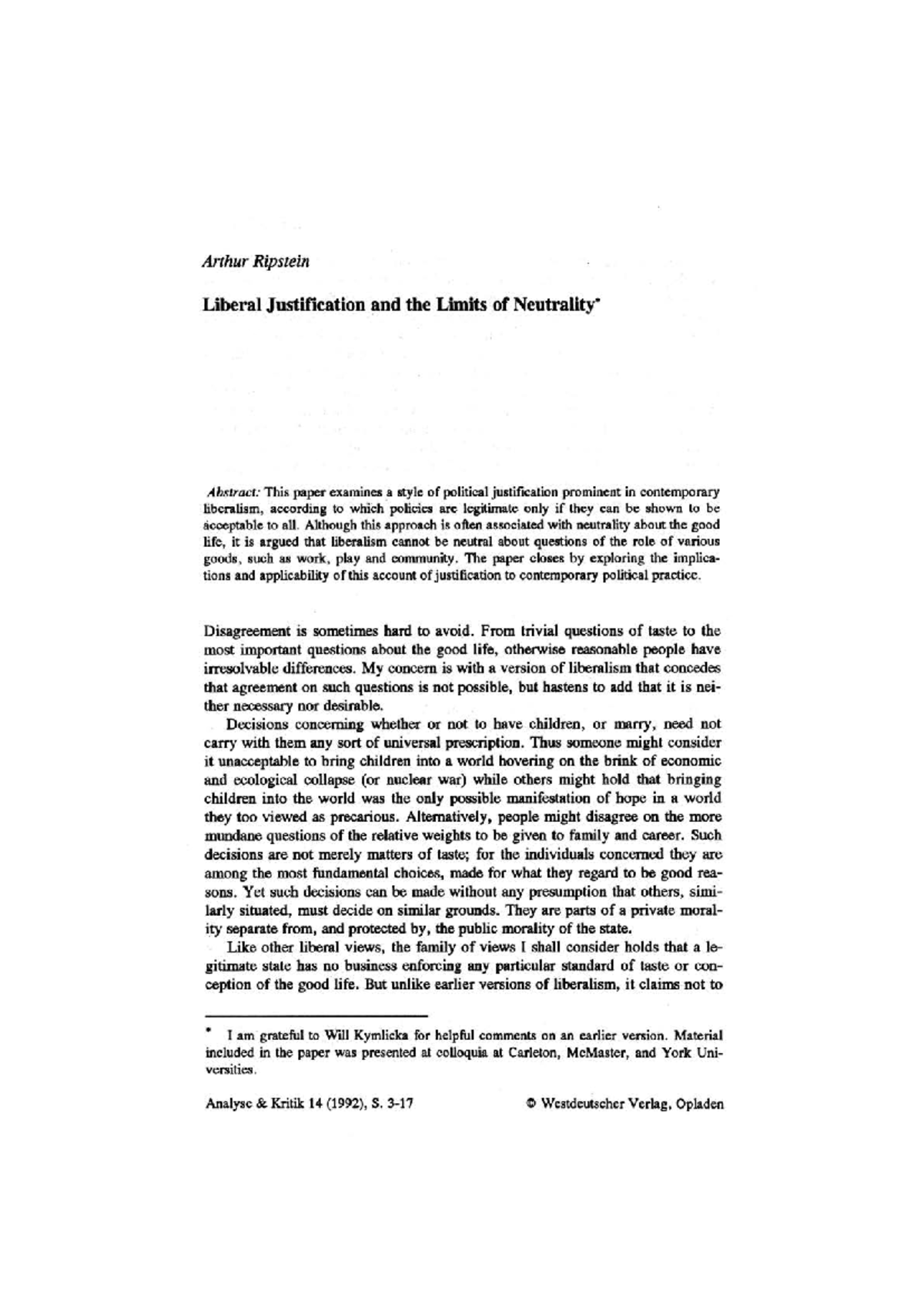 DATA BASE NOTES - Arthur Ripstein Liberal Justification and the Limits ...