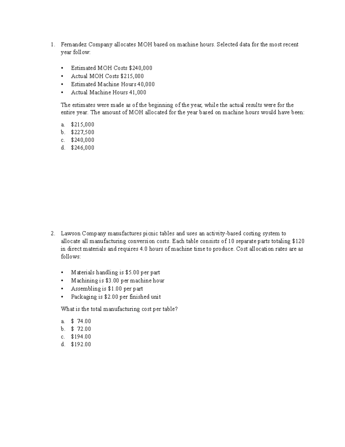 Chapter 2 and 7 examples - Fernandez Company allocates MOH based on ...