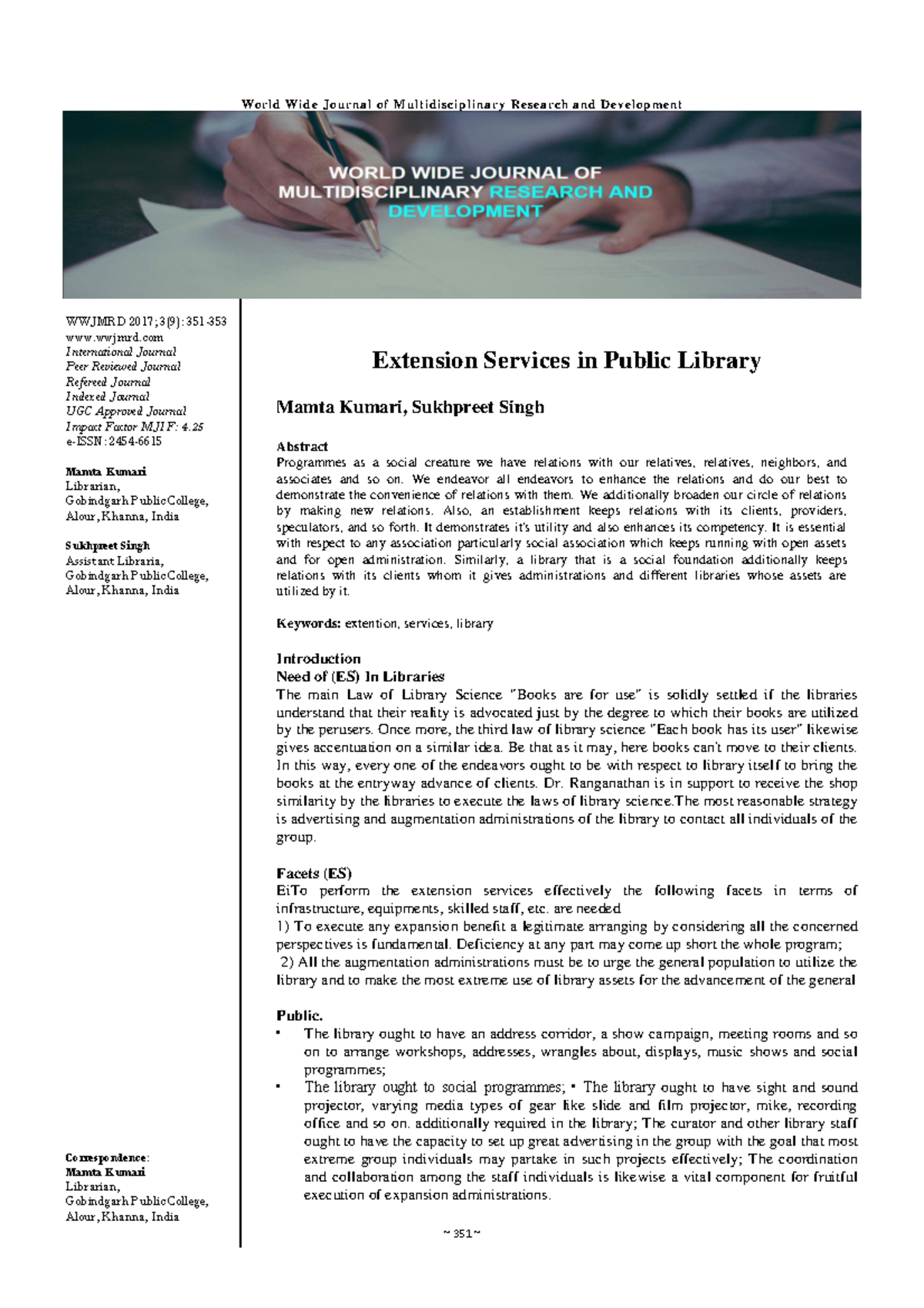Extension services in public library - ~ 351 ~ WWJMRD 2017; 3(9): 351 ...