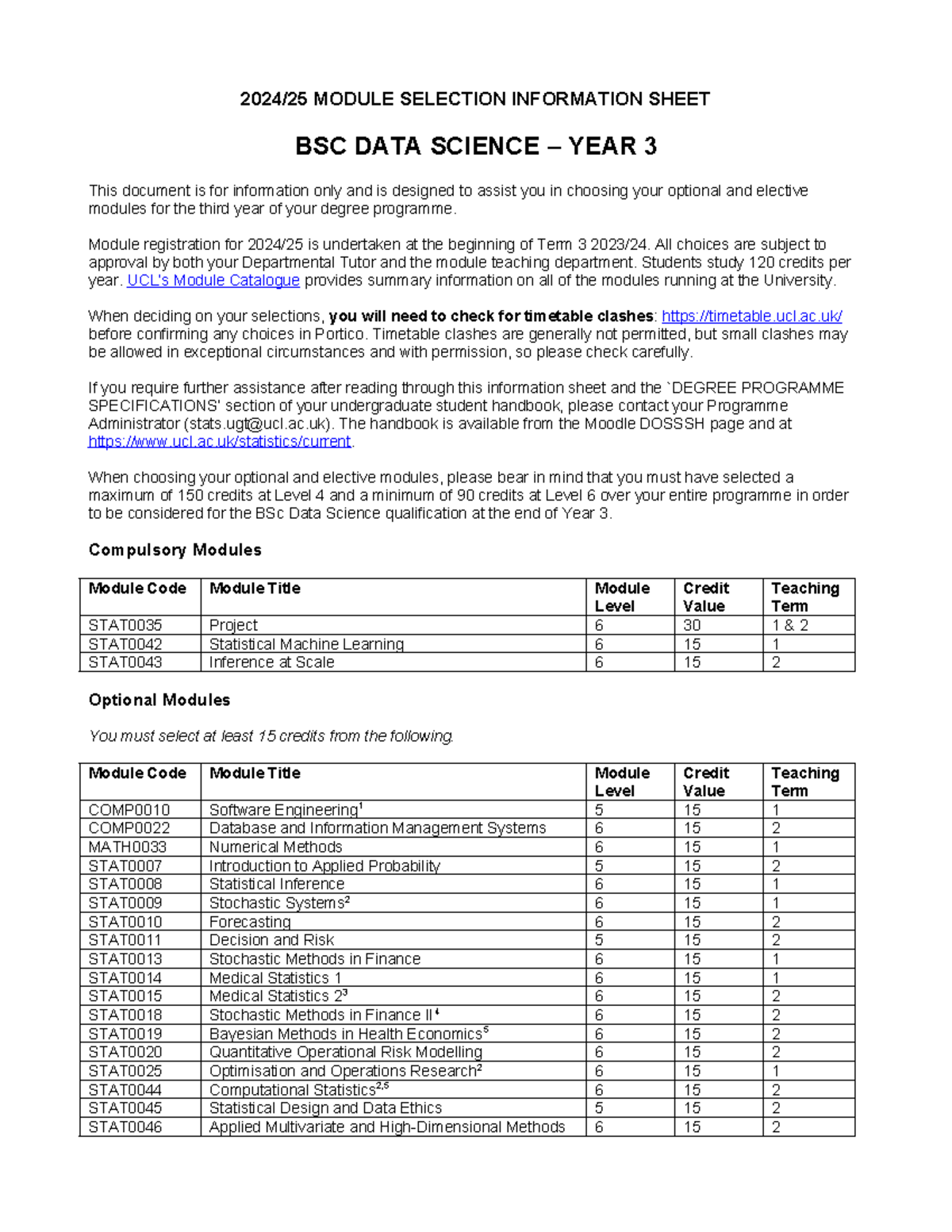 BSc Data Science Year 3 - year 3 - 2024/25 MODULE SELECTION INFORMATION ...