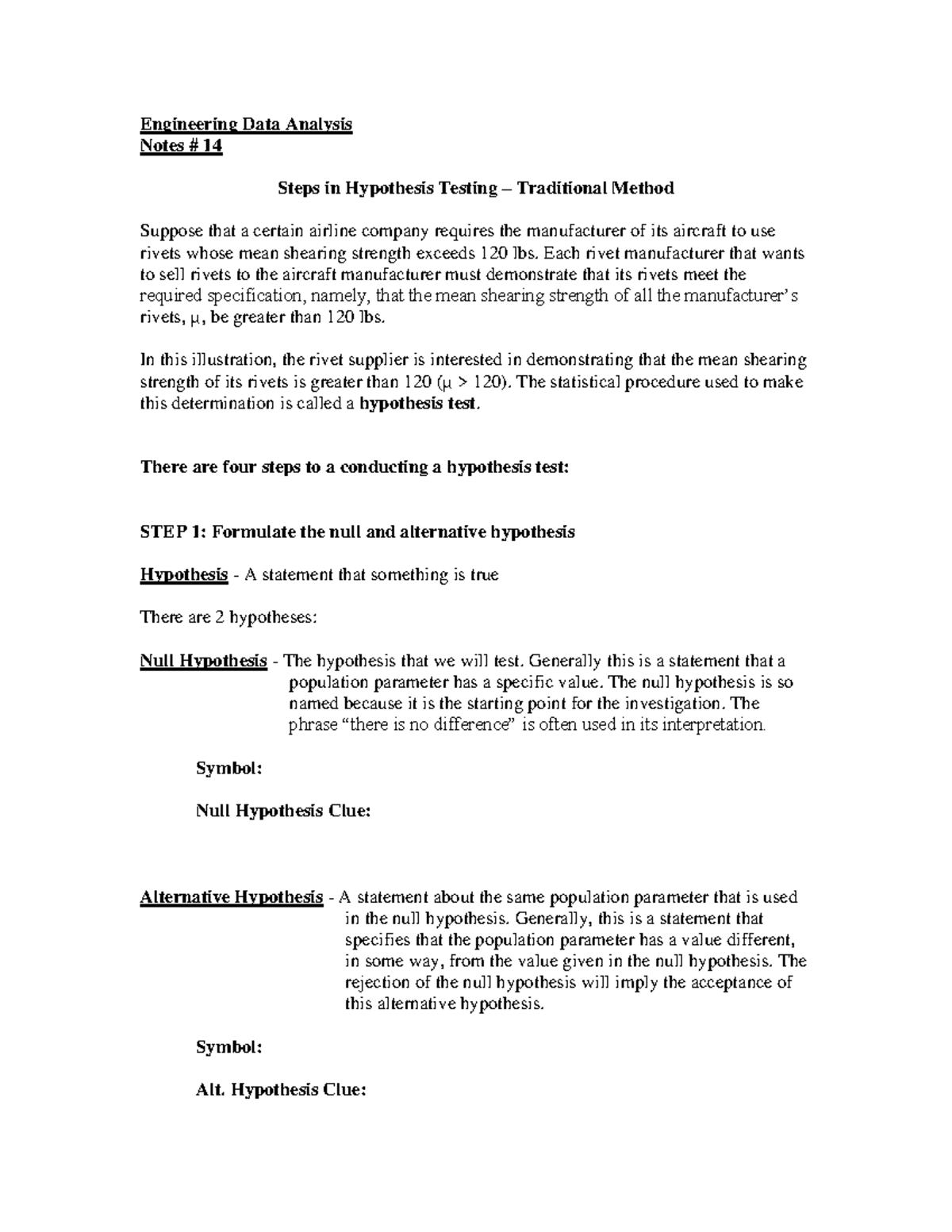 EDA Notes 14 - Engineering Data Analysis Notes # 14 Steps in Hypothesis ...