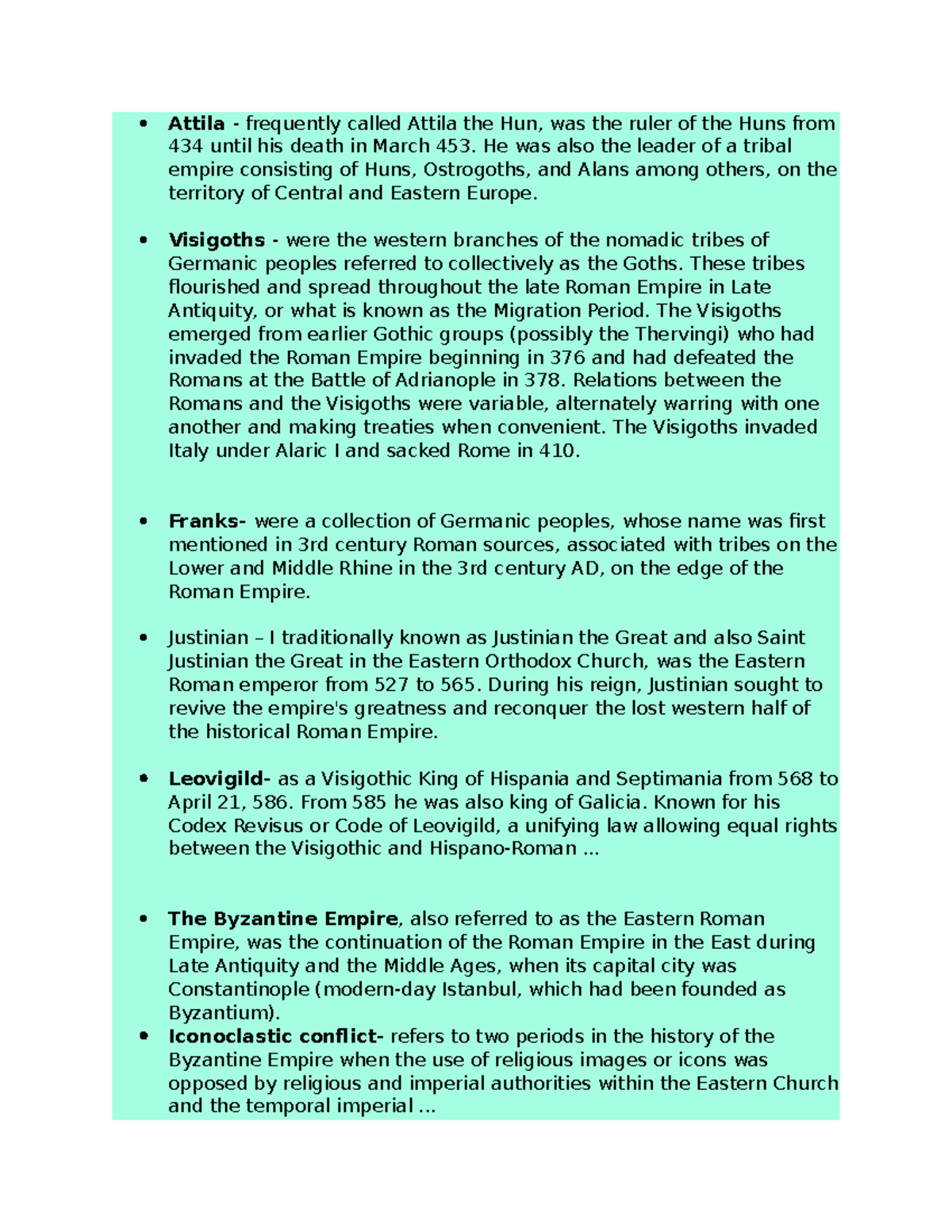 History terms for the class - Attila - frequently called Attila the Hun ...