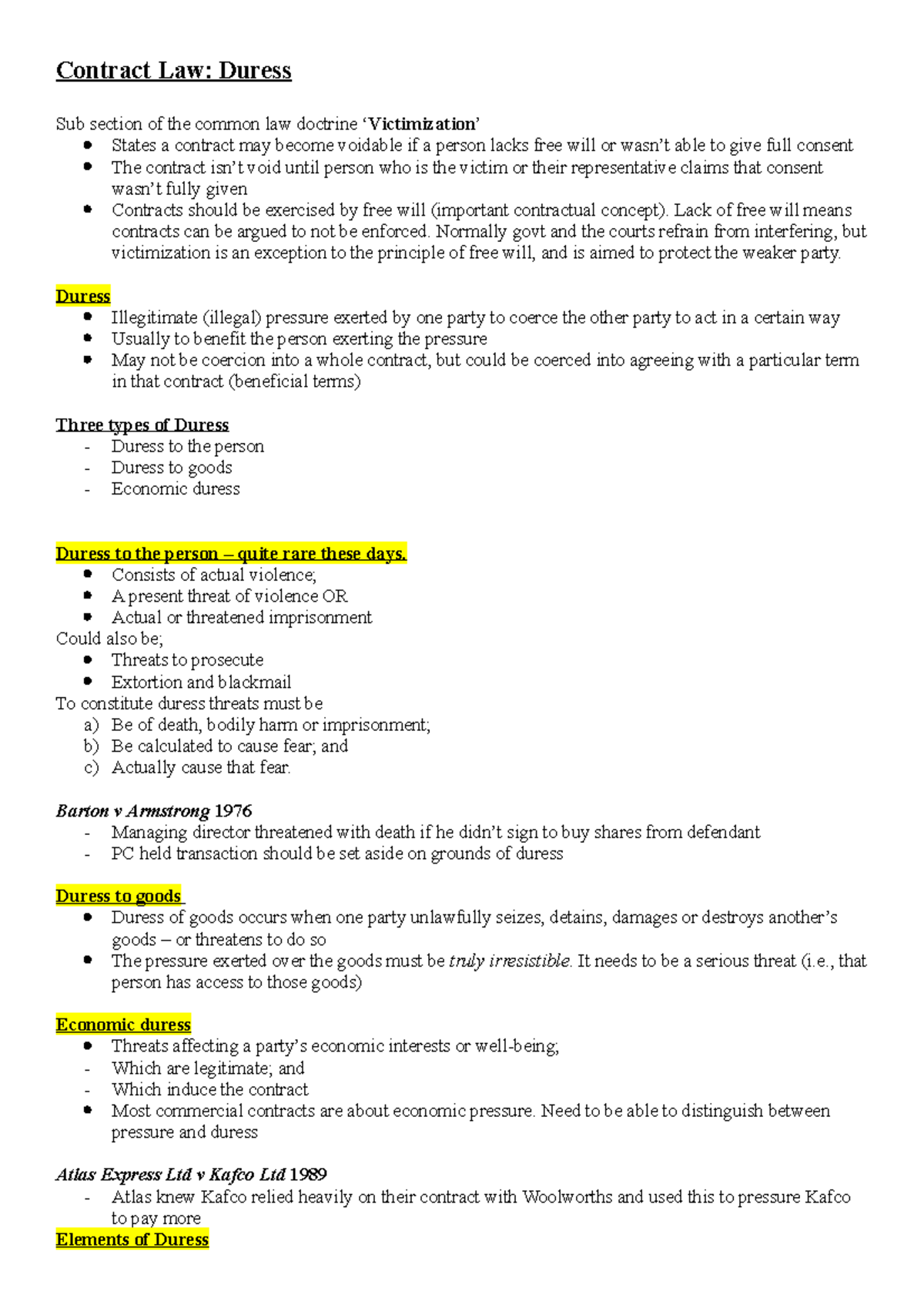 2. Duress Summary - Contract Law: Duress Sub section of the common law ...