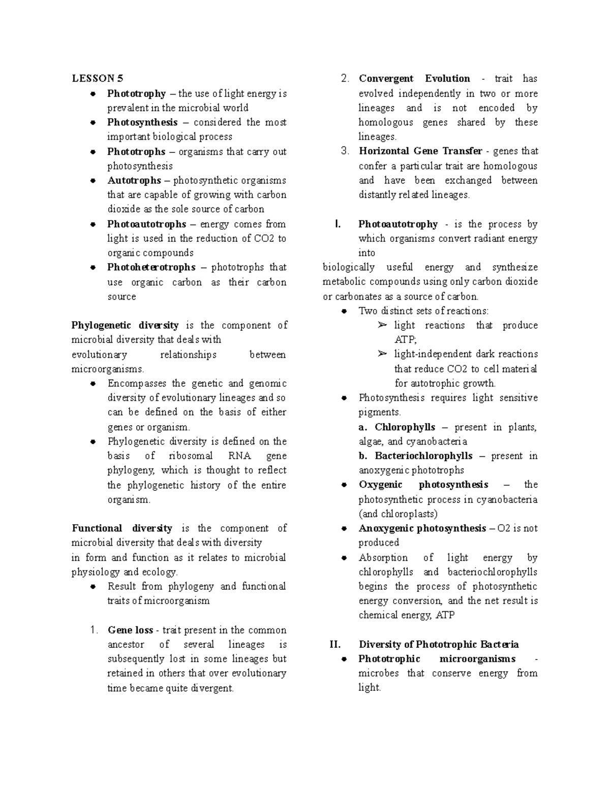 Microbio lec 5 - LESSON 5 Phototrophy – the use of light energy is ...