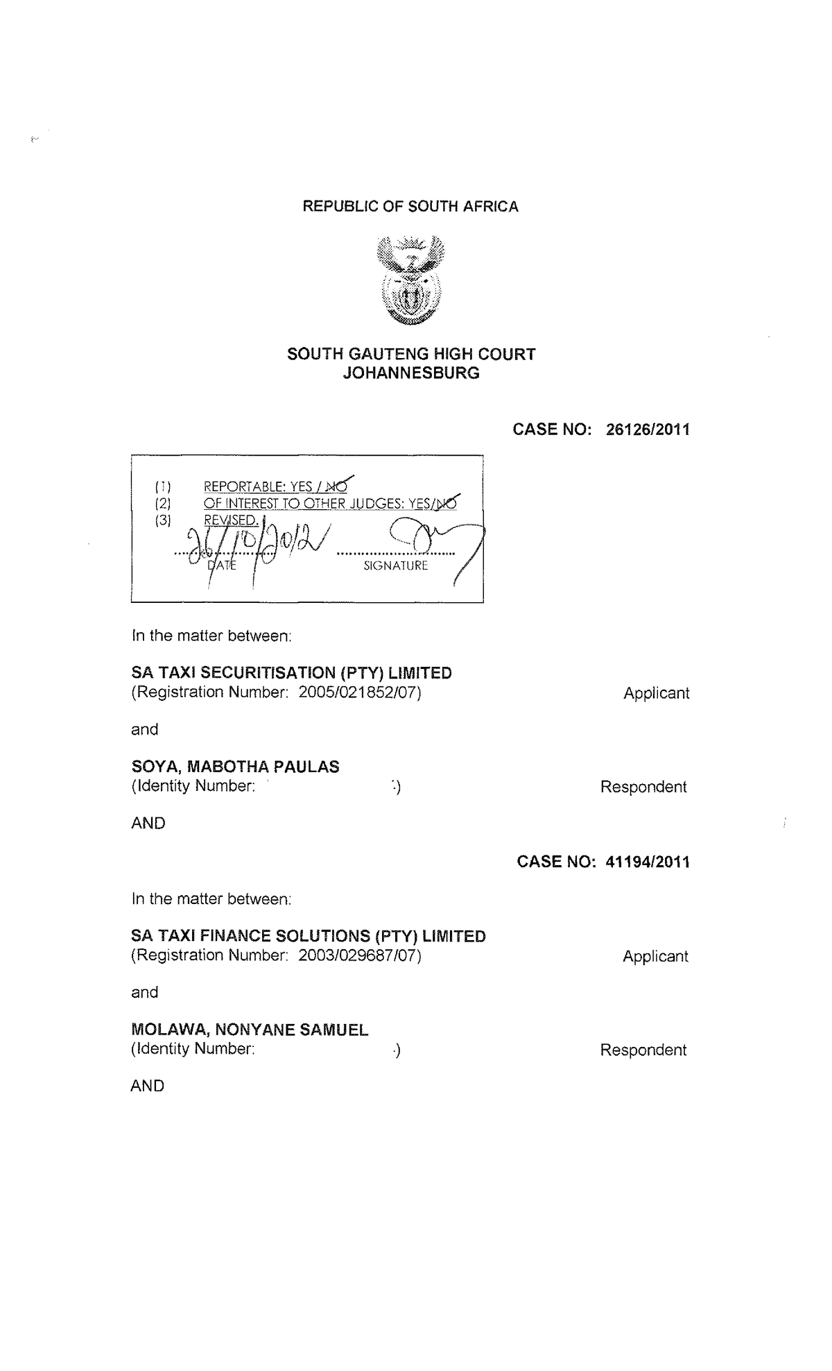 SA Taxi Securitisation v SA Taxi Solutions - REPUBLIC OF SOUTH AFRICA ...