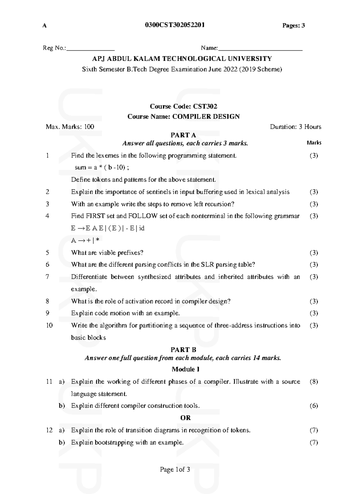 CST302-A - question paper - 0300CST30205220 1 Page 1 of 3 Course Code: CST Course Name: COMPILER ...