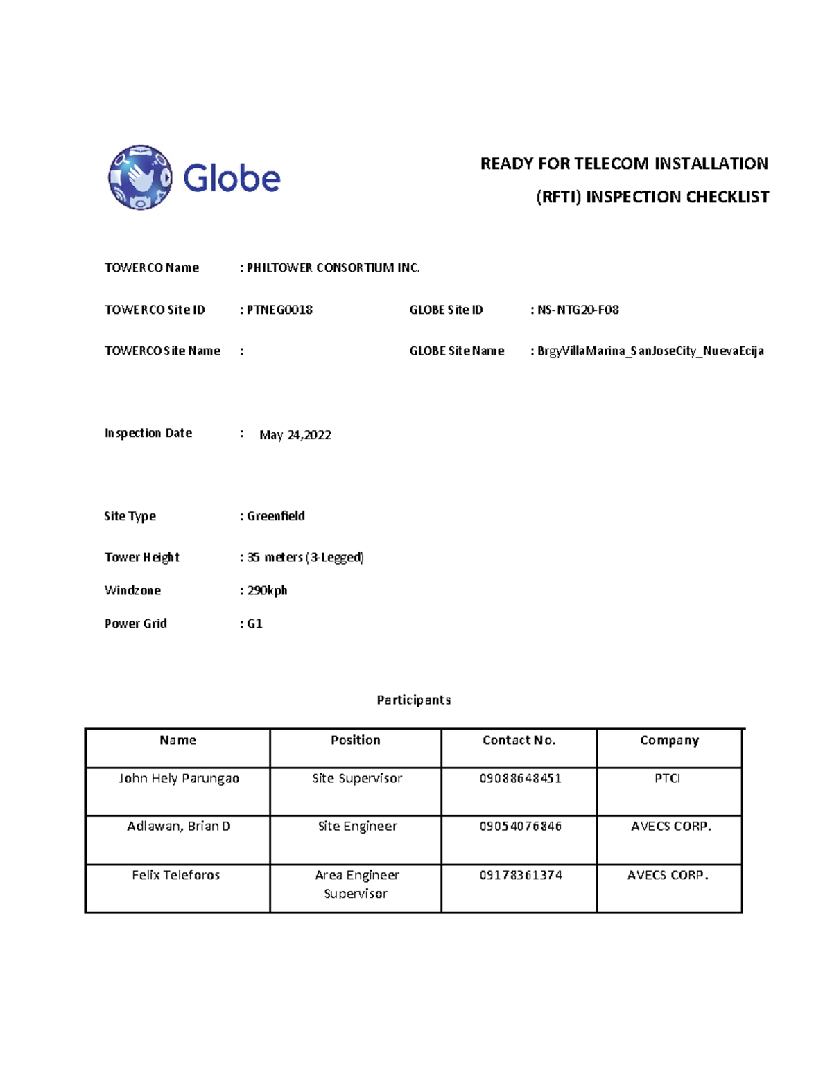 Ptneg 0018 NS-NTG20-F08 RFTI Inspection Checklist 05242022 - READY FOR ...