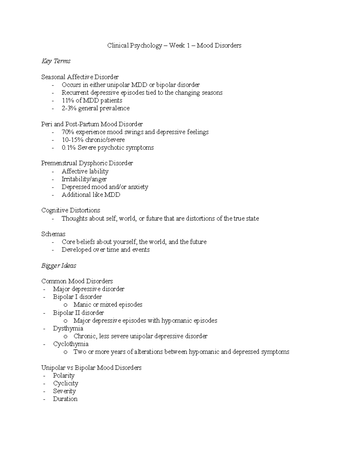 Week 1 - Mood Disorders - Lecture notes 1 - Clinical Psychology – Week ...