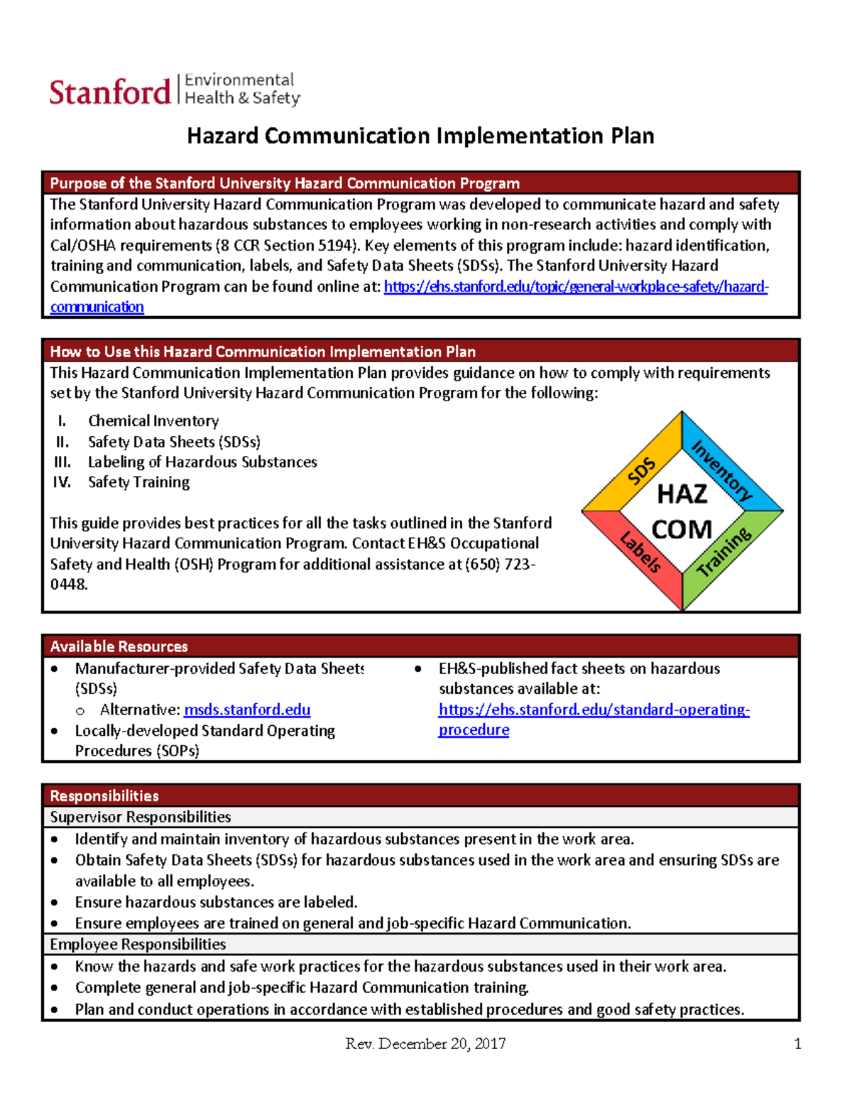 Hazard Communication Implementation Plan - Purpose of the Stanford ...