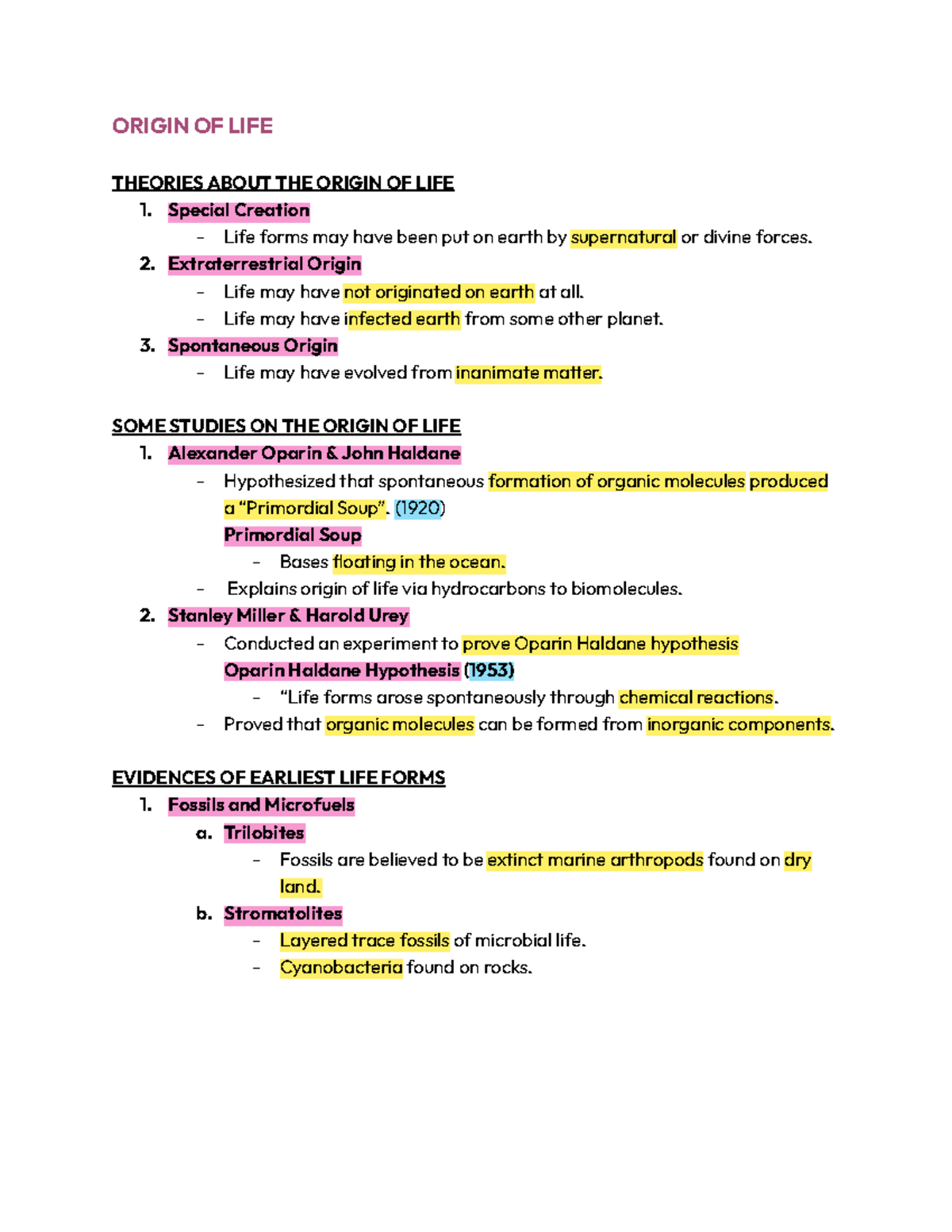 GEN BIO Reviewer 4Q - ORIGIN OF LIFE THEORIES ABOUT THE ORIGIN OF LIFE ...