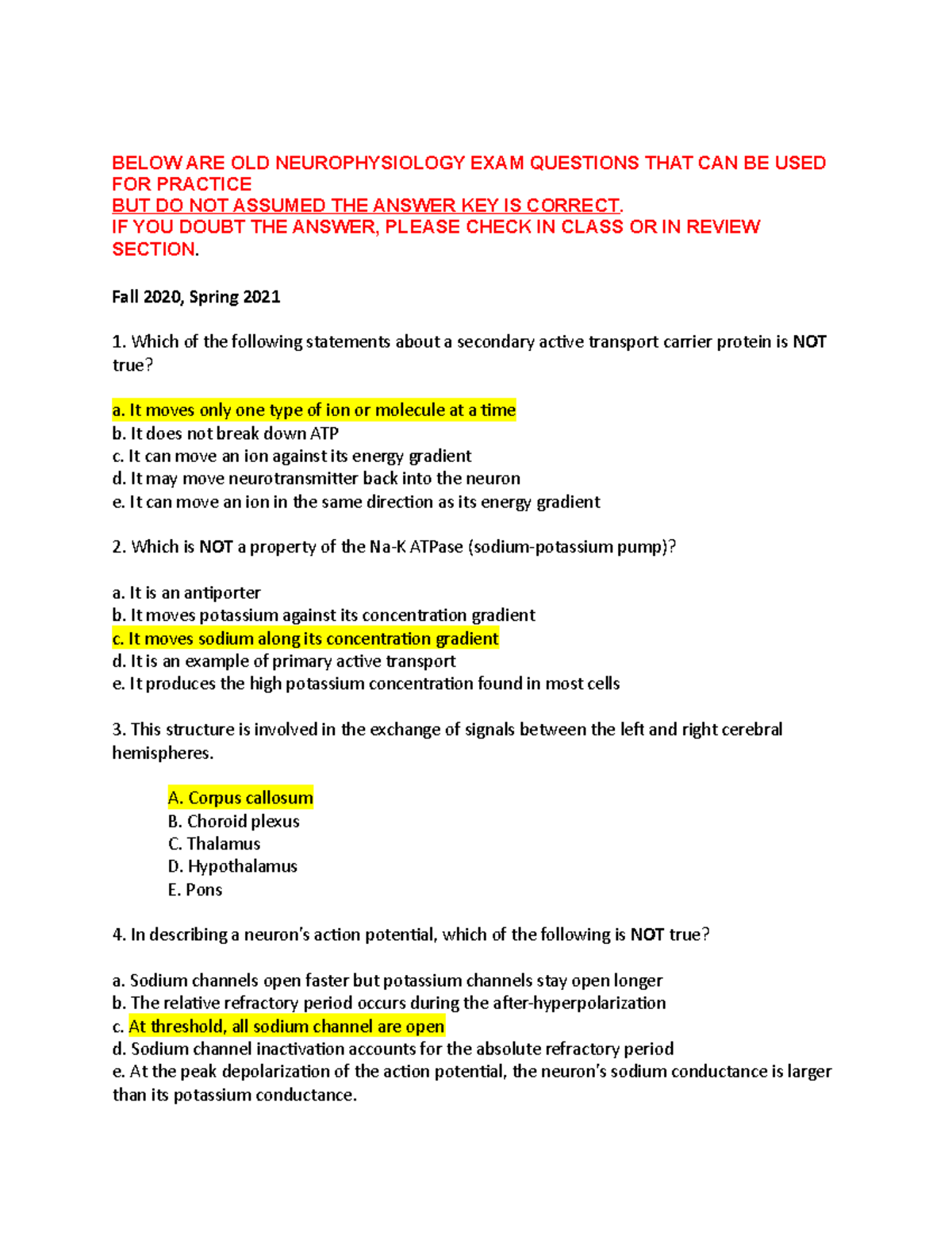 Old Exams PGY 300 neurophysiology fall 2021 - BELOW ARE OLD ...