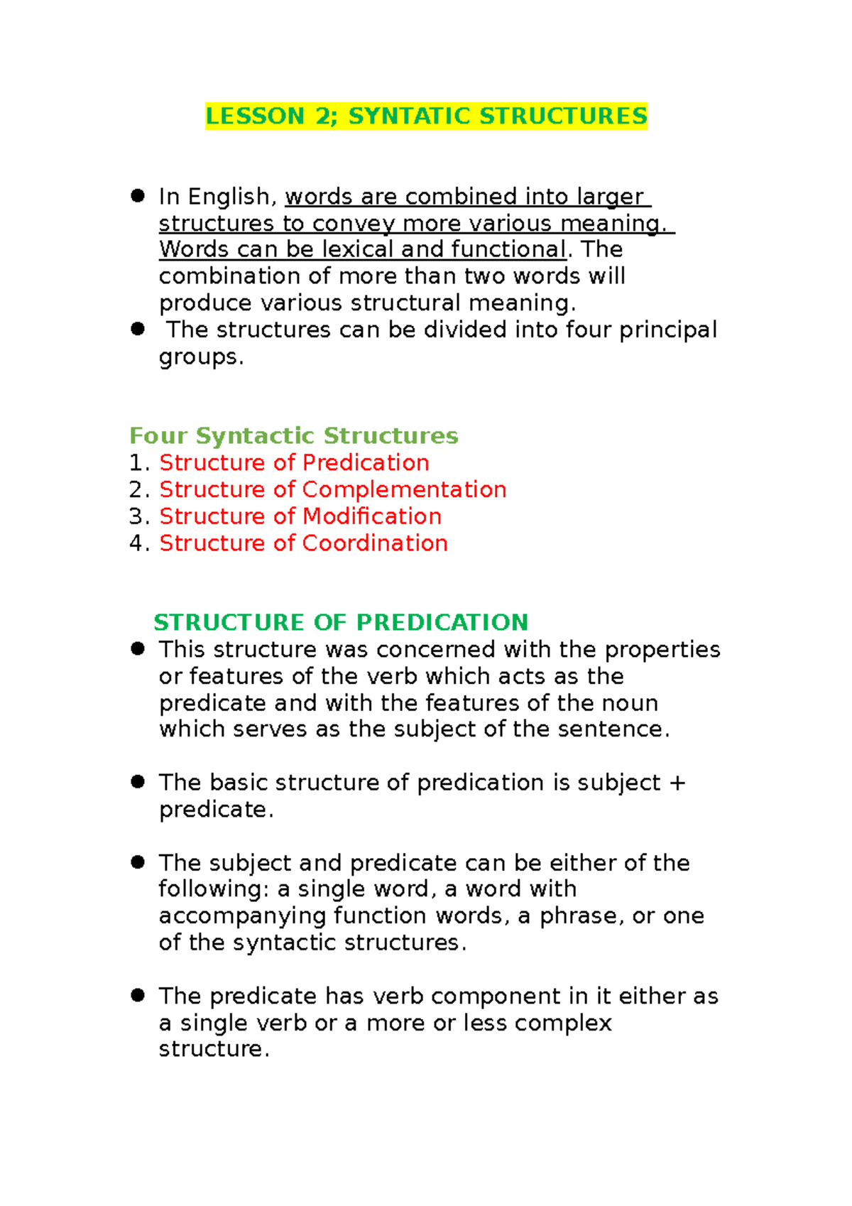Syntatic Structures - LESSON 2; SYNTATIC STRUCTURES In English, words ...