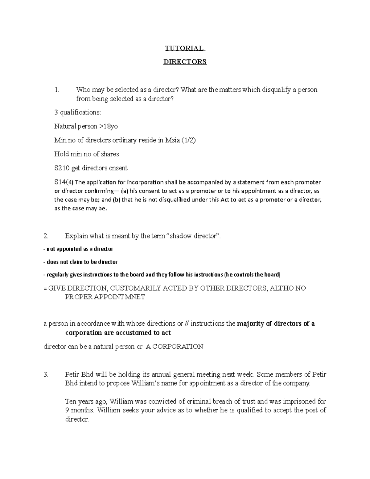 Tutorial 4 Directors - TUTORIAL DIRECTORS Who may be selected as a ...