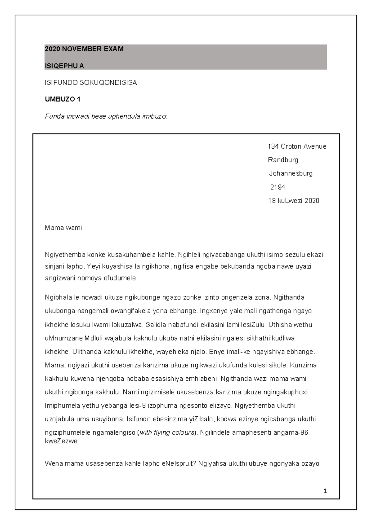 Grade 9-10 Exam revision IsiZulu questions paper 1 (past paper) - 2020 NOVEMBER EXAM ISIQEPHU A ...