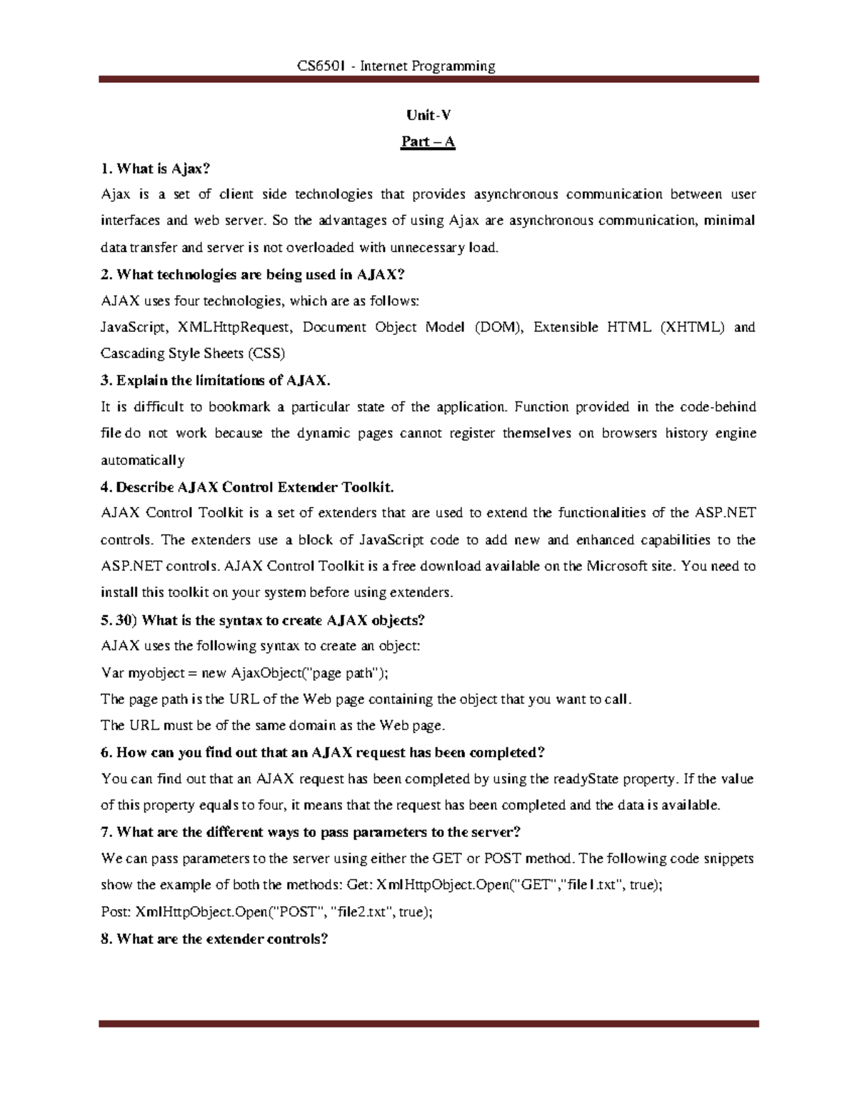 Question bank for Unit 5 - 1. What is Ajax? Unit-V Part – A Ajax is a ...