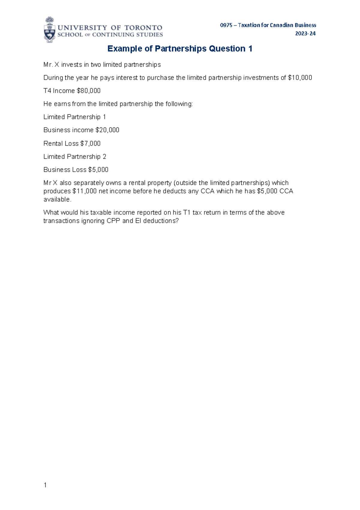 SCS 0975 Module 10 Example Partnerships Question 1 2023-24 - 0975 ...