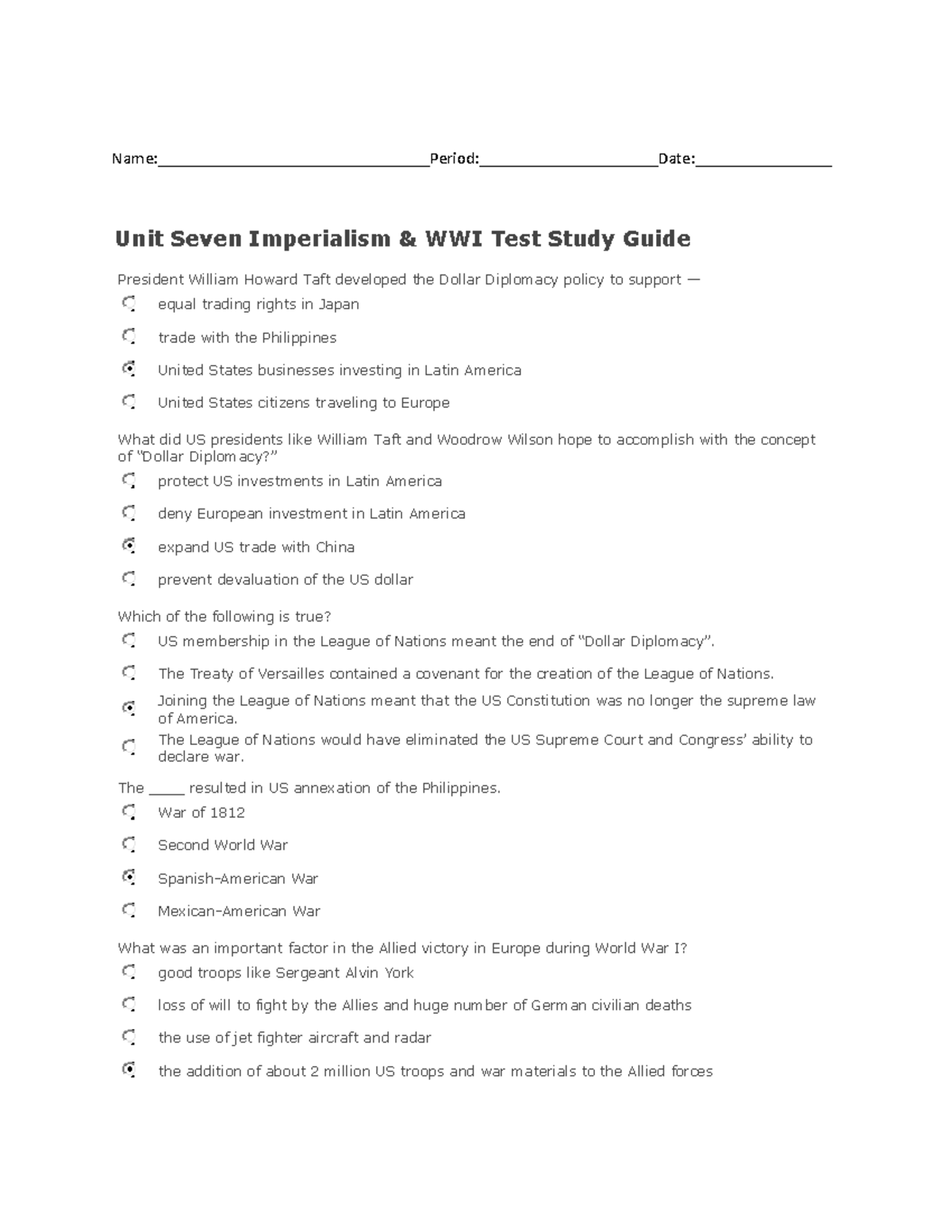 Unit 7 Imperialism and WWI Test Study Guide - Name ...