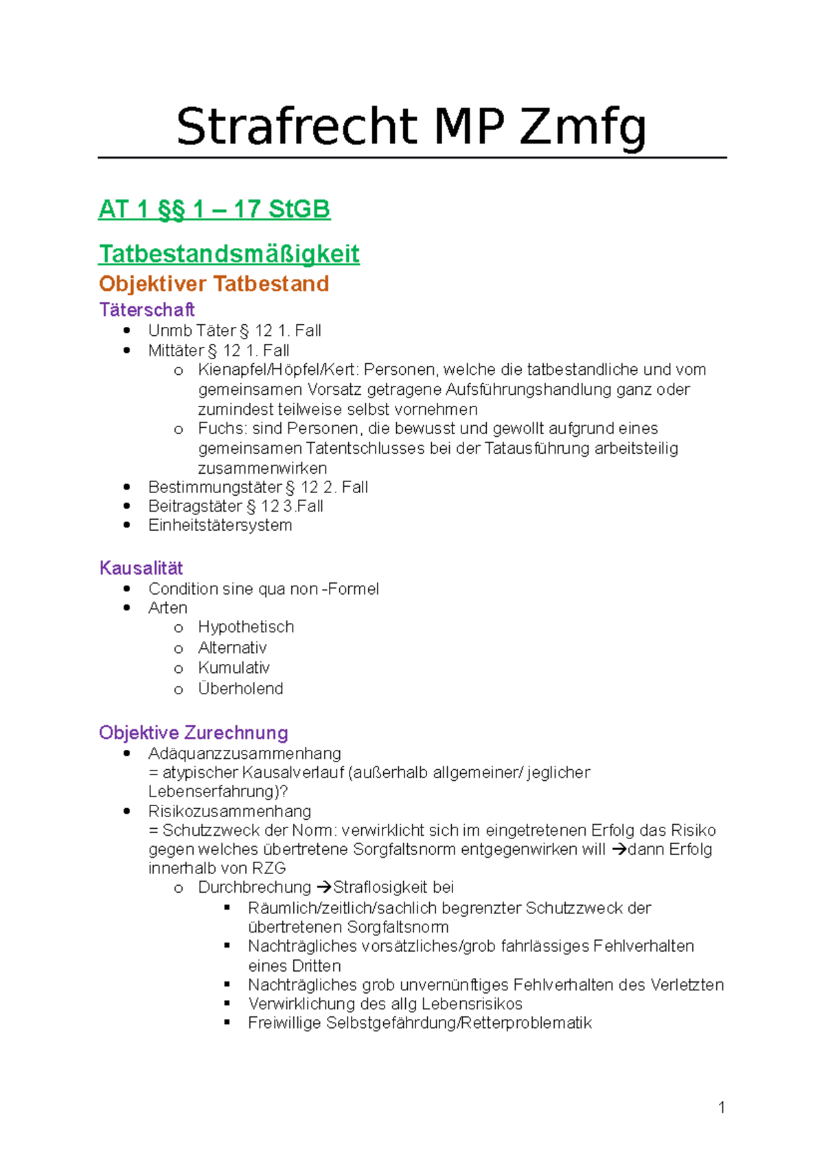 Wichtige Zmfg Strafrecht - Strafrecht MP Zmfg AT 1 §§ 1 – 17 StGB ...