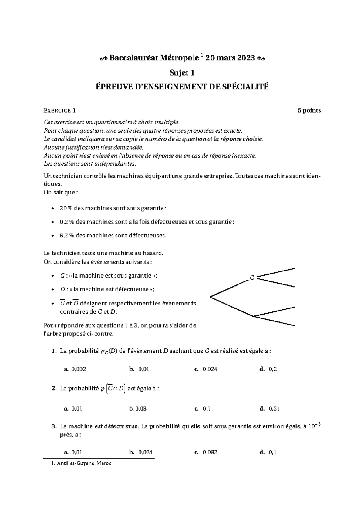 Métropole Sujet 1 20 mars 2023 - ; Baccalauréat Métropole 1 20 mars 2023
